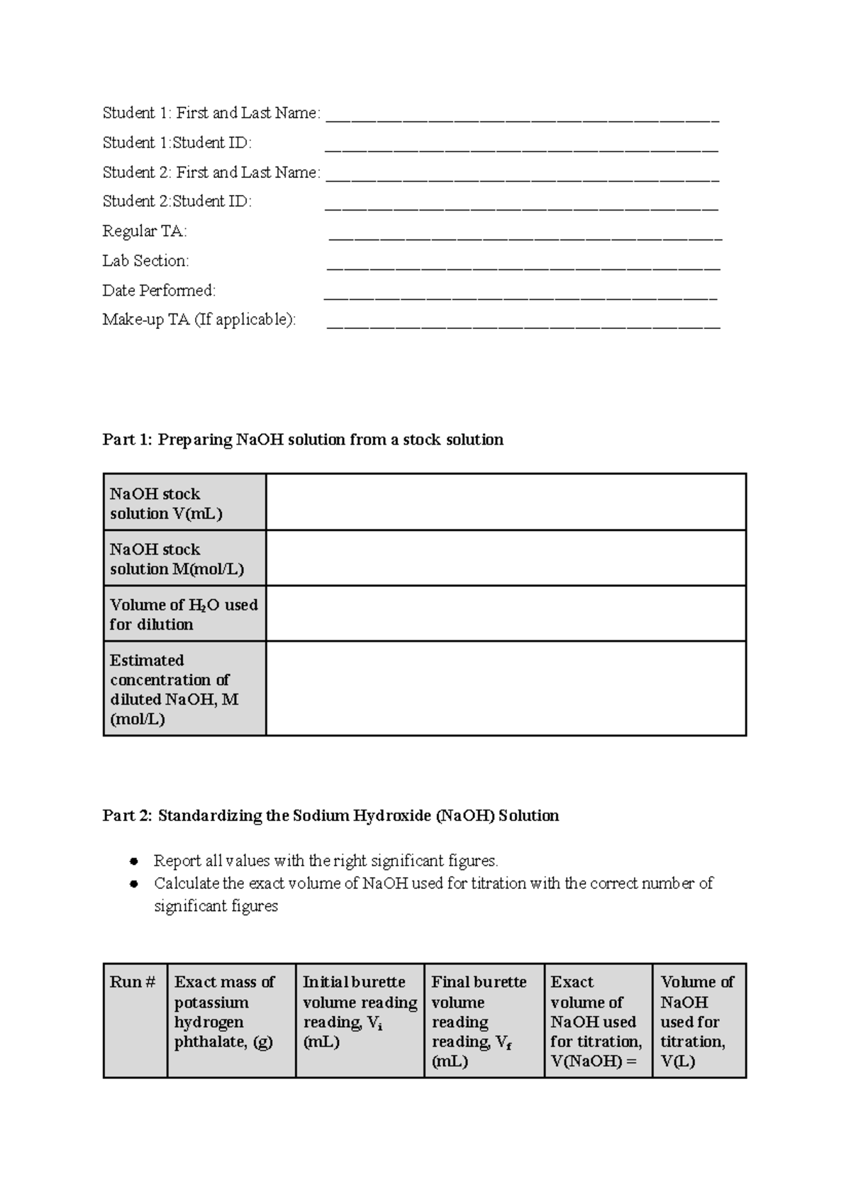 CHEM 120 - PBL 2 - NaOH Solution Preparation & Titration Data Sheet ...
