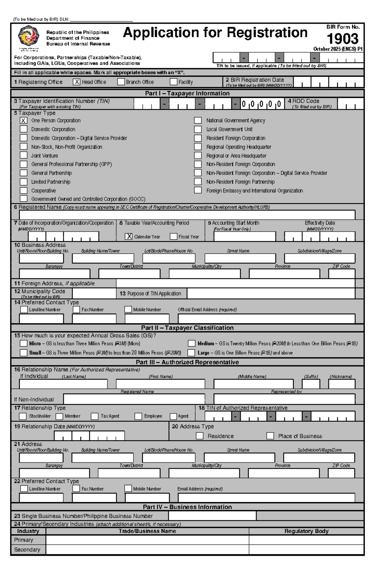 BIR Form No. 1903 Application for Registration (2025-2026) - Studocu