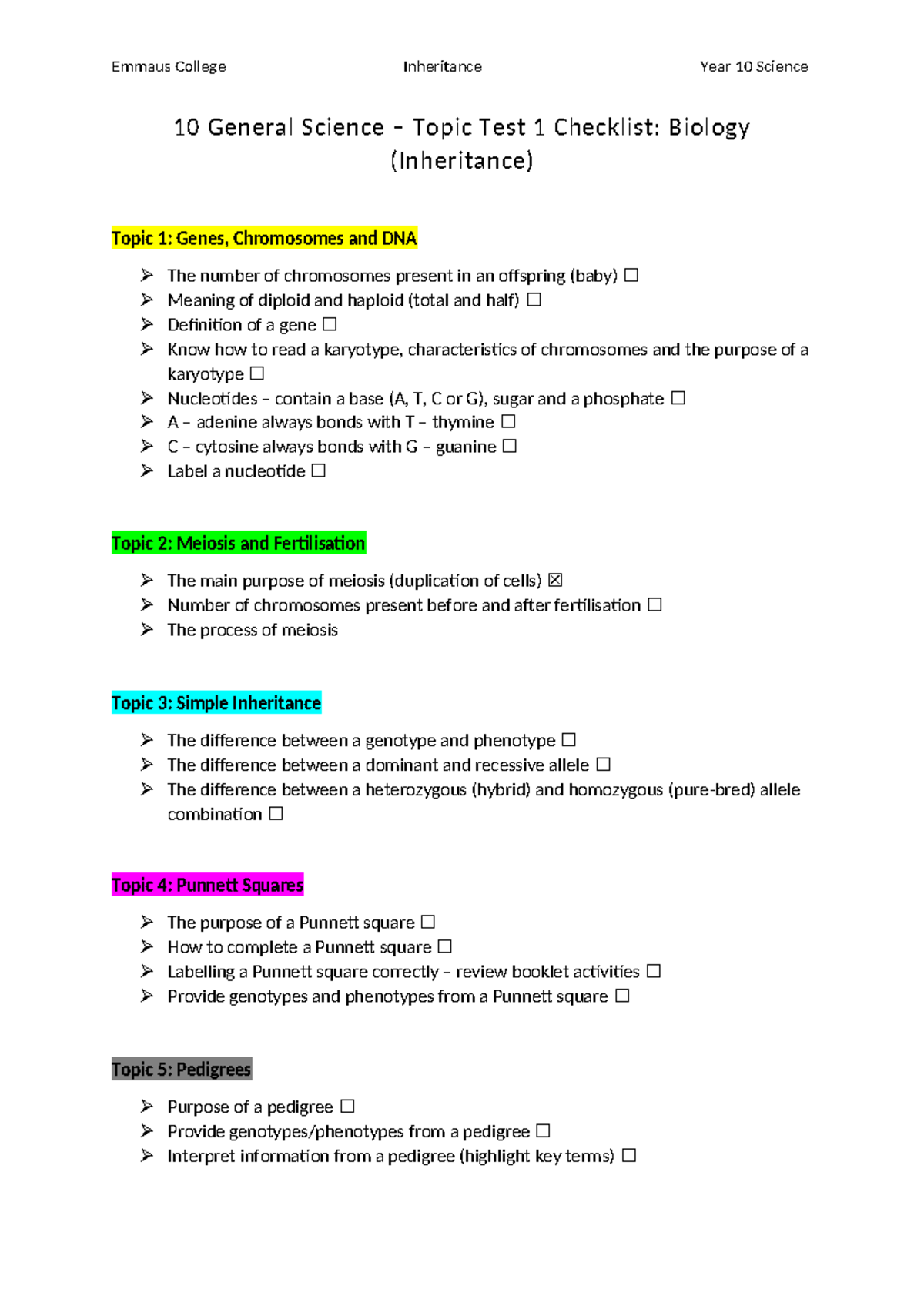 10 General Science - Biology Inheritance Test Checklist - Studocu