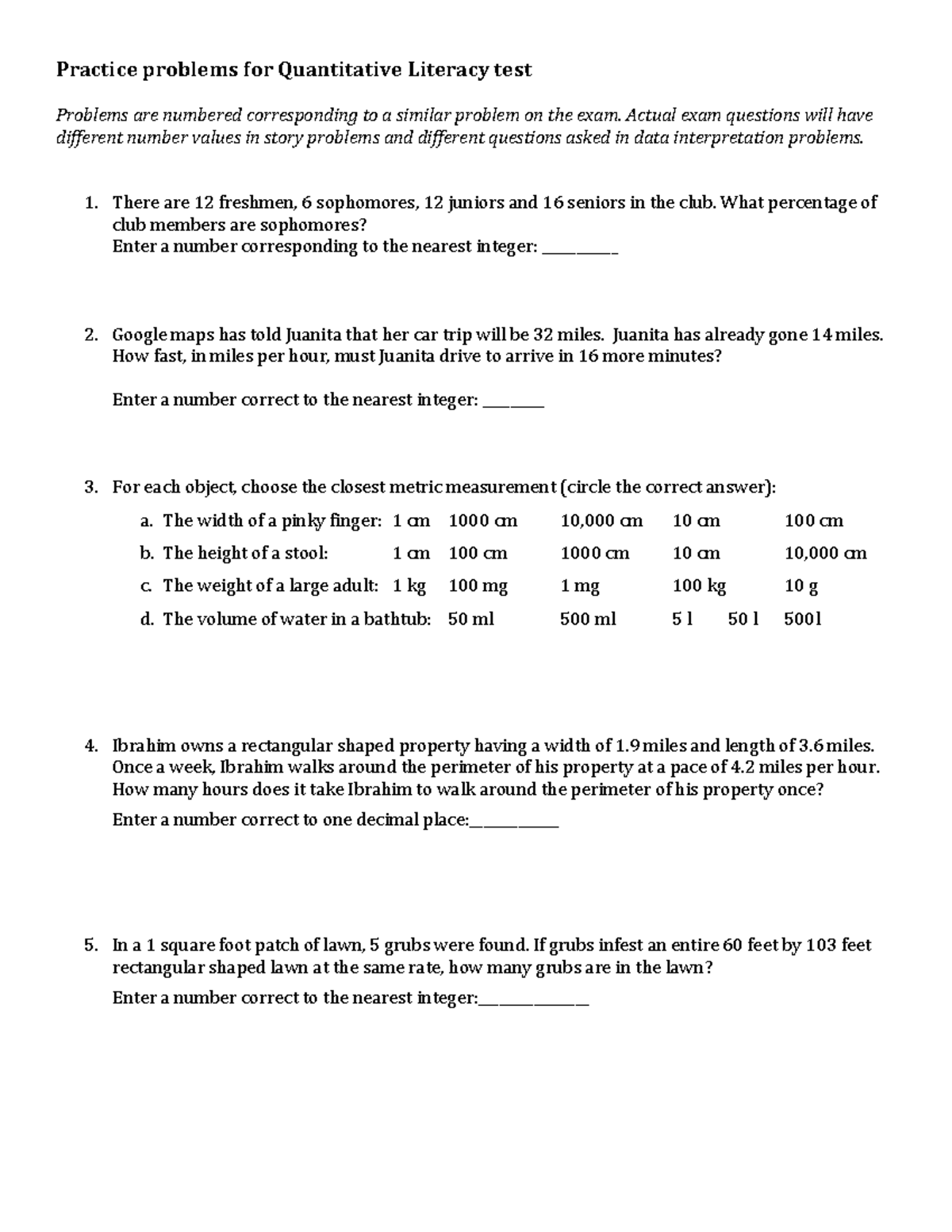 Quantitative Literacy Test Practice Problems (QL 101) - Studocu