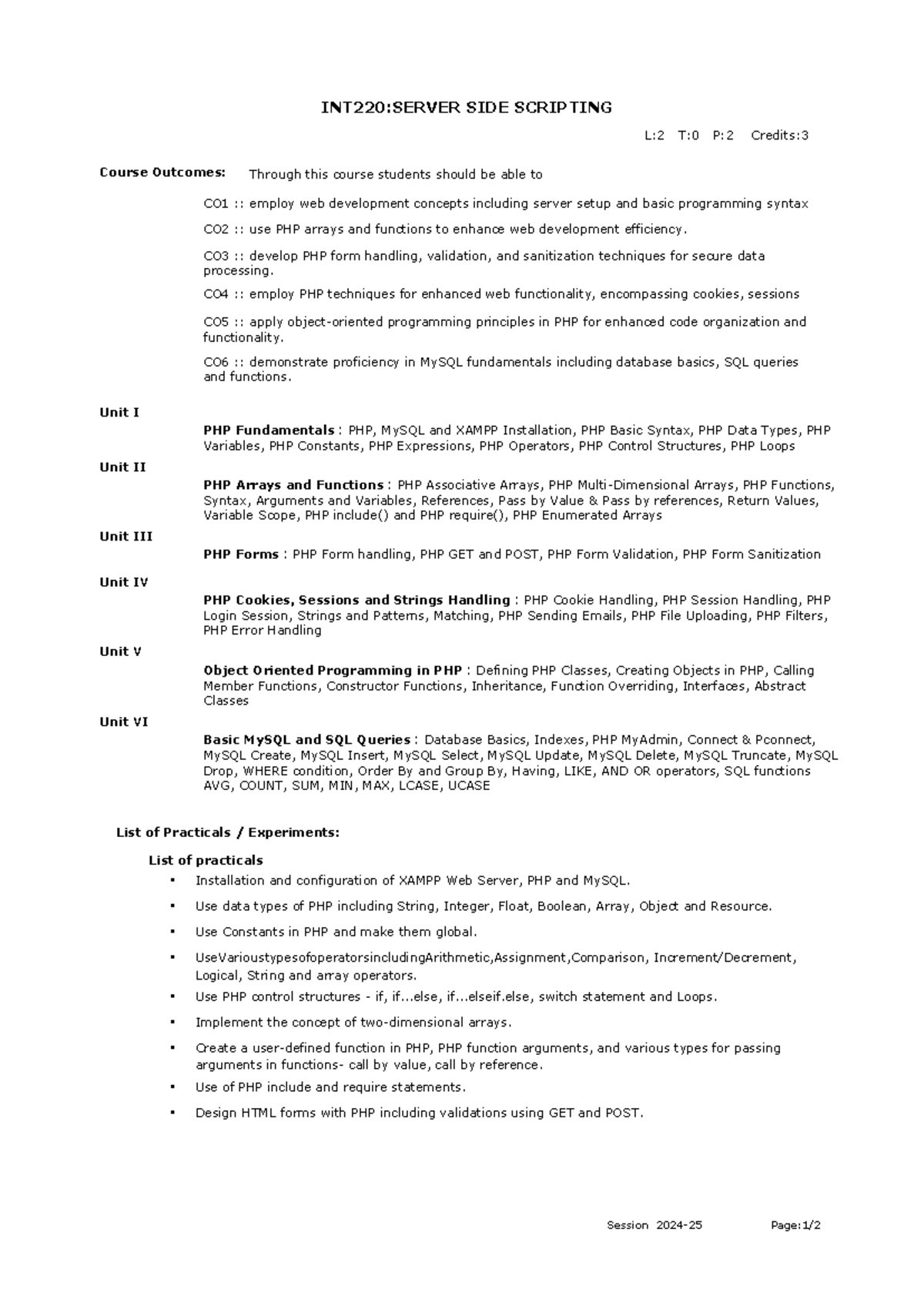 INT220 Server Side Scripting Course Syllabus and Practical Overview - Studocu