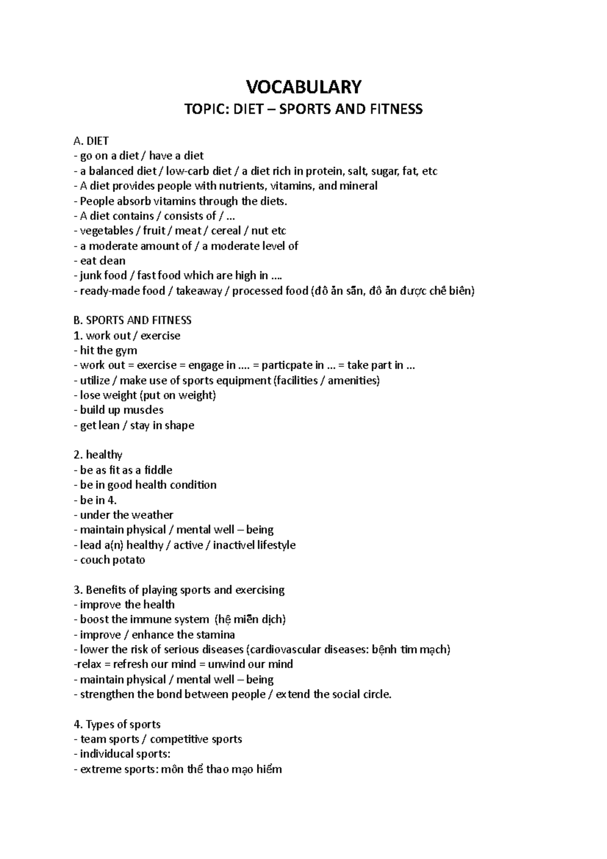 Lesson 8 - IELTS Speaking - VOCABULARY TOPIC: DIET – SPORTS AND FITNESS ...