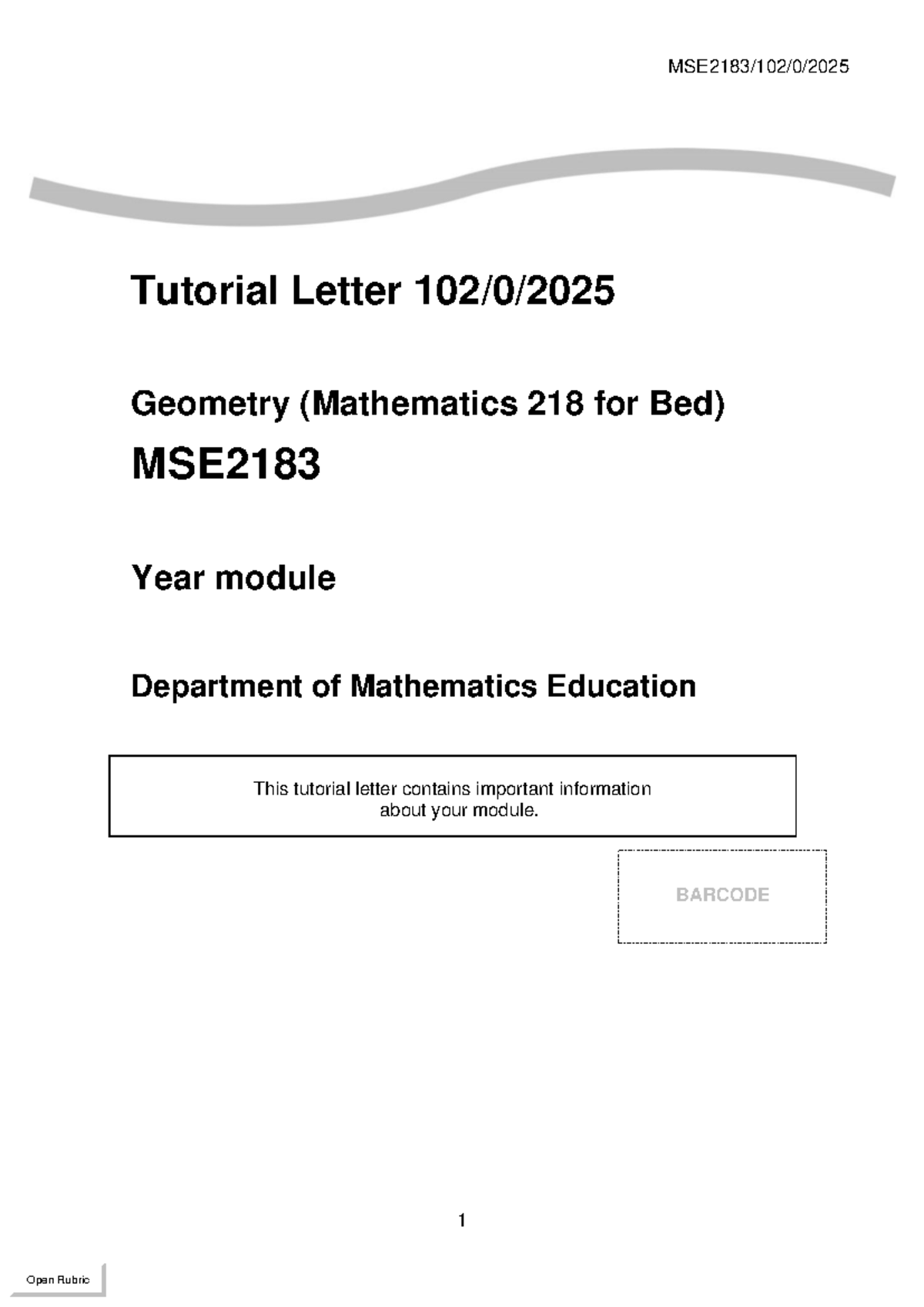 MSE2183 Tutorial Letter: Geometry Concepts and Activities for 2025 ...