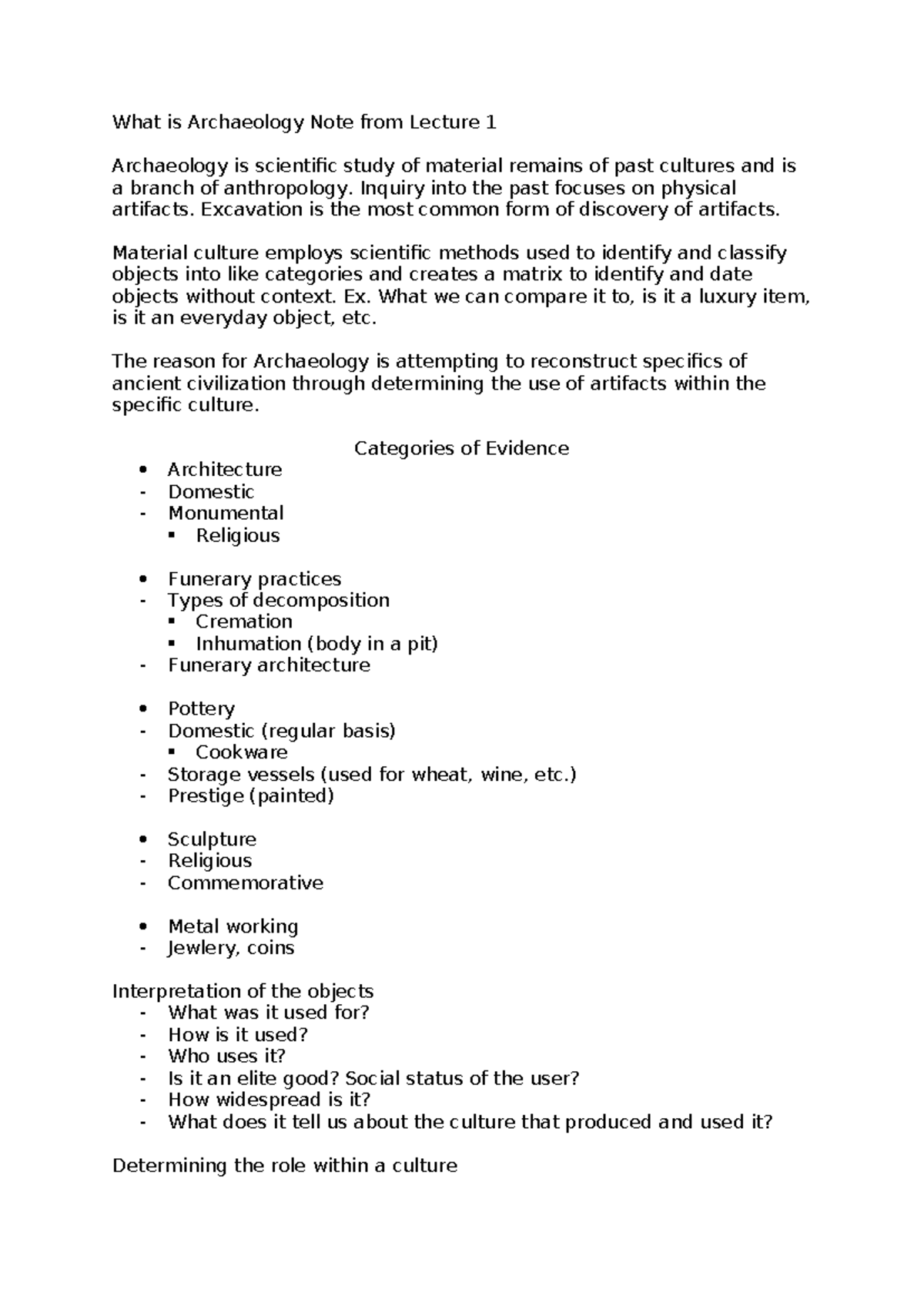 Archaeology 101: Lecture 1 Notes on Material Culture and Methods - Studocu