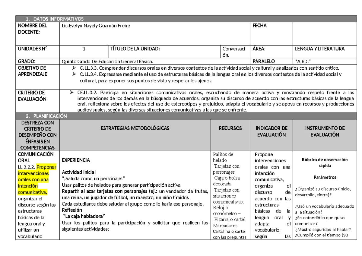 Planificación Microcurricular: Lengua y Literatura - Quinto Grado - Studocu