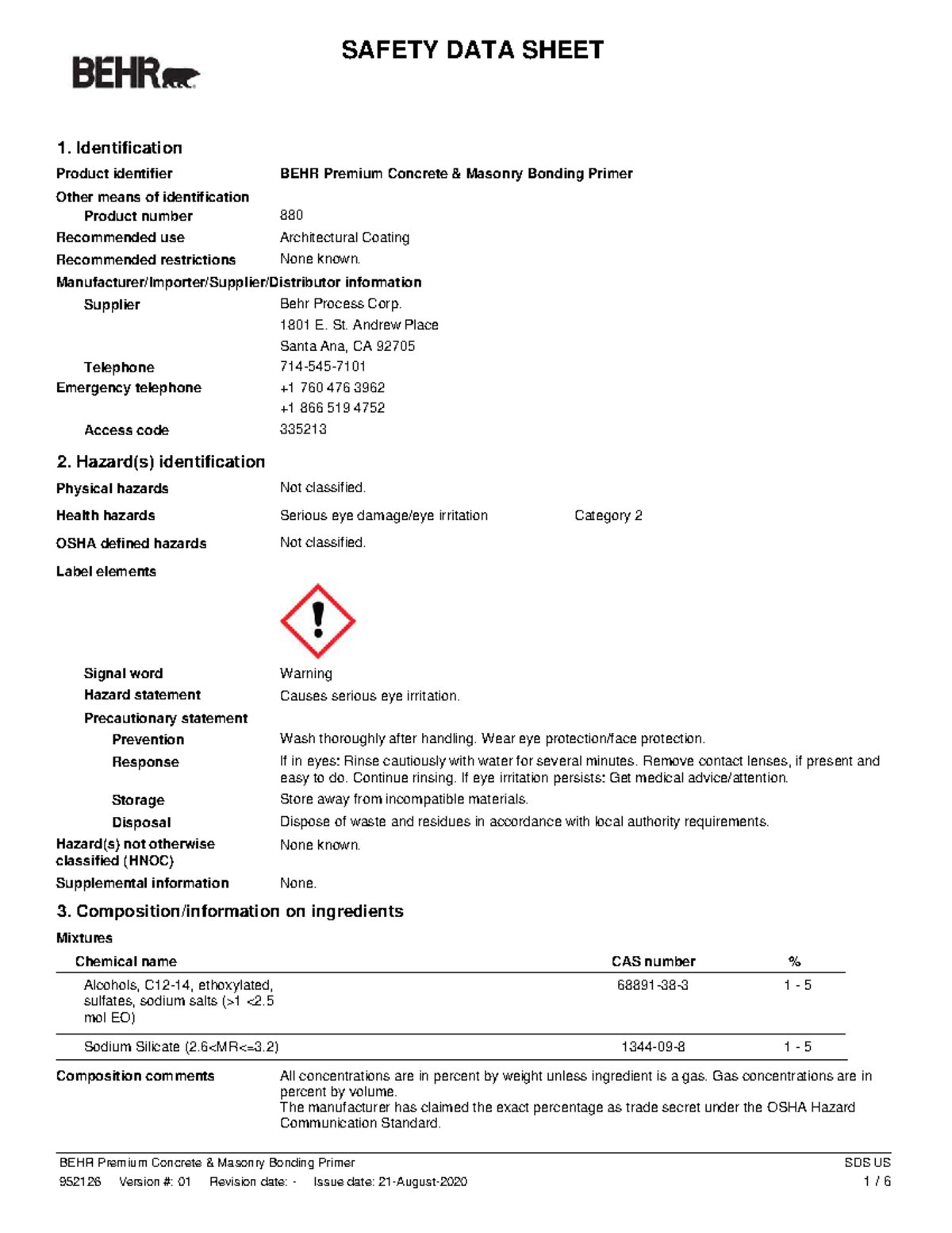 BEHR Premium Concrete Masonry Bonding Primer - Safety Data Sheet (SDS ...