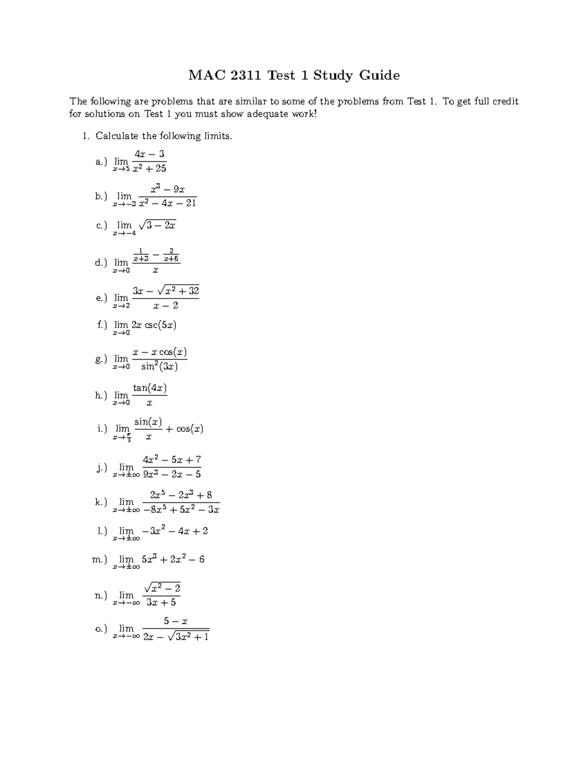 MAC2311 Test 1 Study Guide: Limit Calculations and Piecewise Functions ...