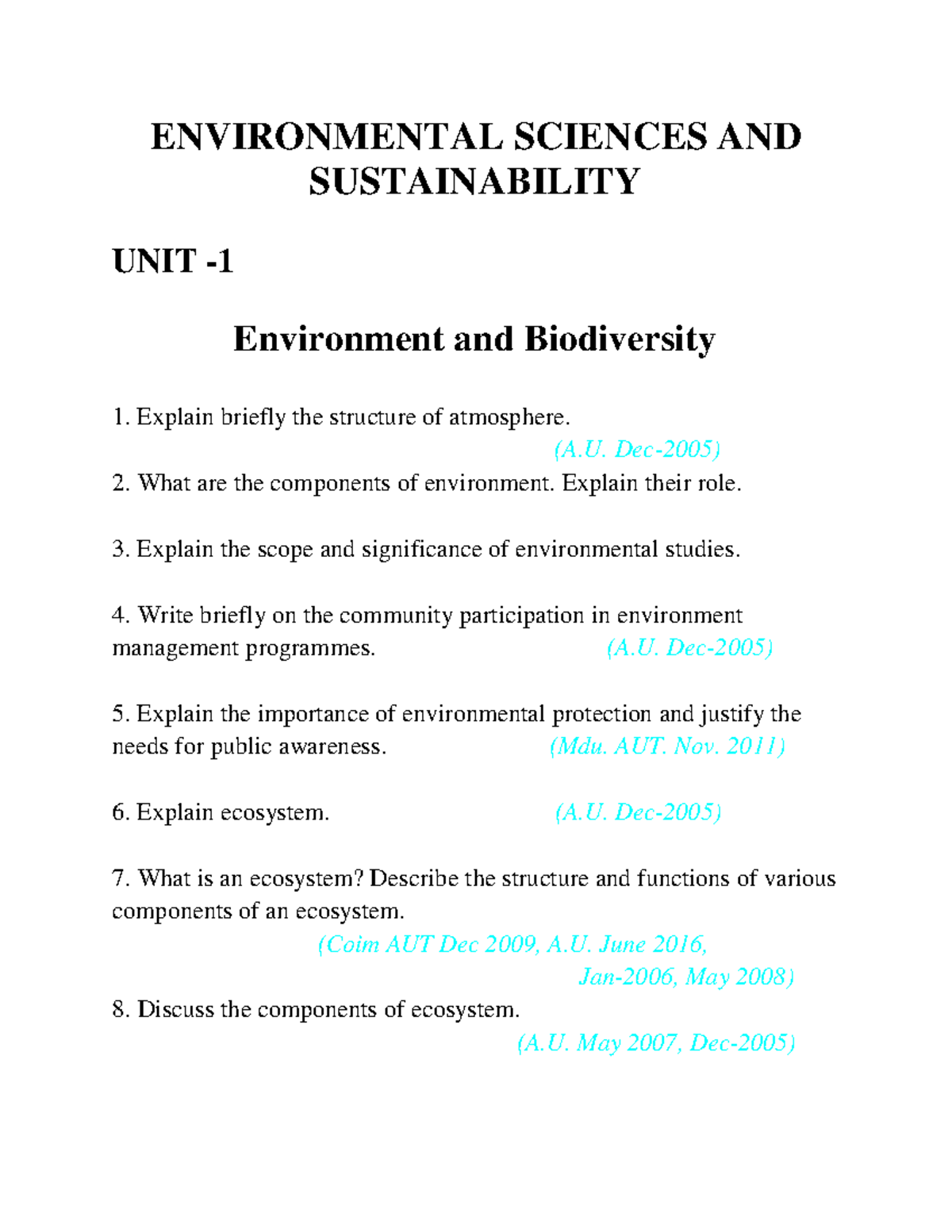 EVS Questions - PB college of engineering - ENVIRONMENTAL SCIENCES AND ...