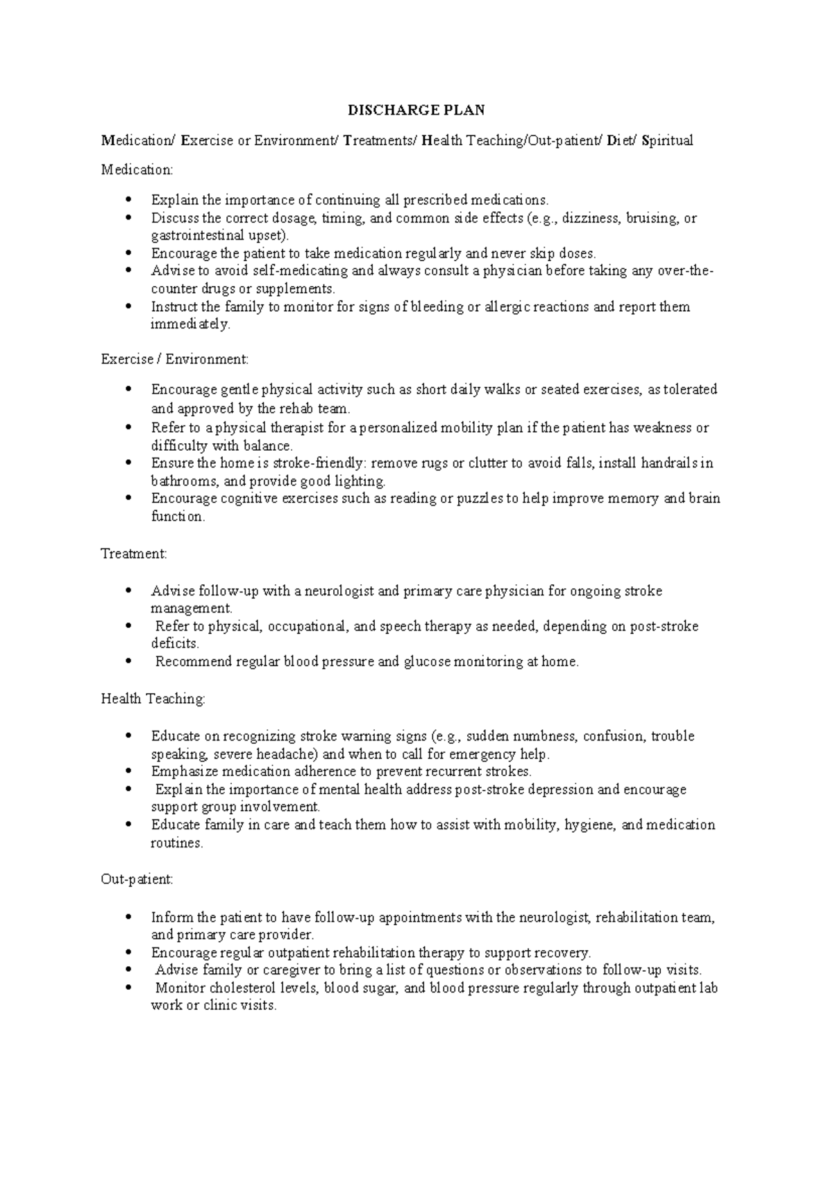 DISCHARGE PLAN: Importance of Medication & Recovery Strategies - Studocu