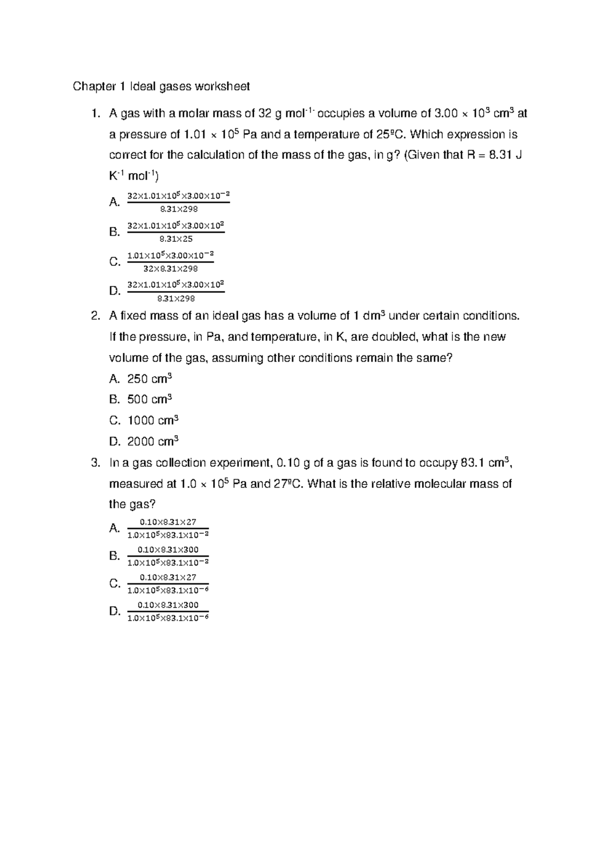 Chapter 1 Ideal gases worksheet - Chapter 1 Ideal gases worksheet 1. A ...