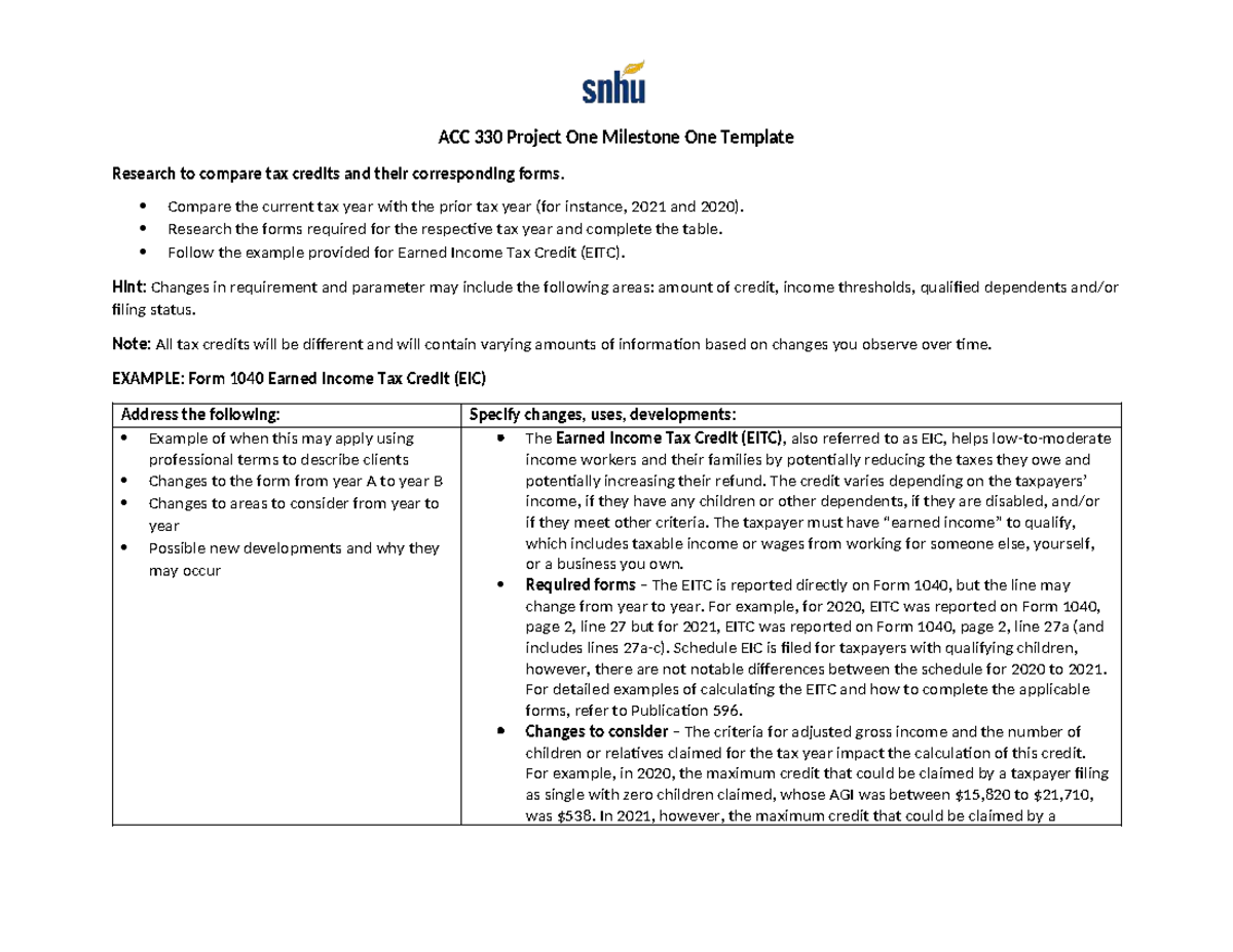 ACC 330 Project One Milestone One Template Final - ACC 330 Project One Milestone One Template ...