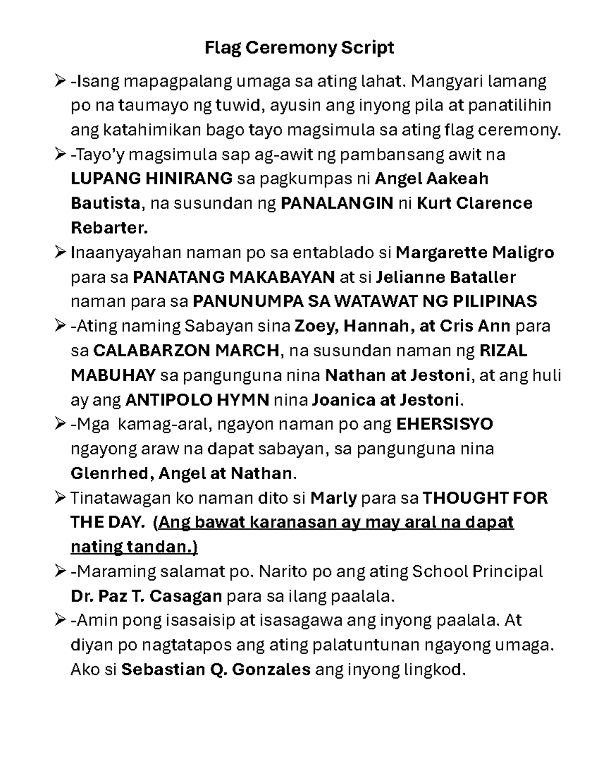 Flag Ceremony Script - Isang Mapagpalang Umaga sa Lahat - Studocu