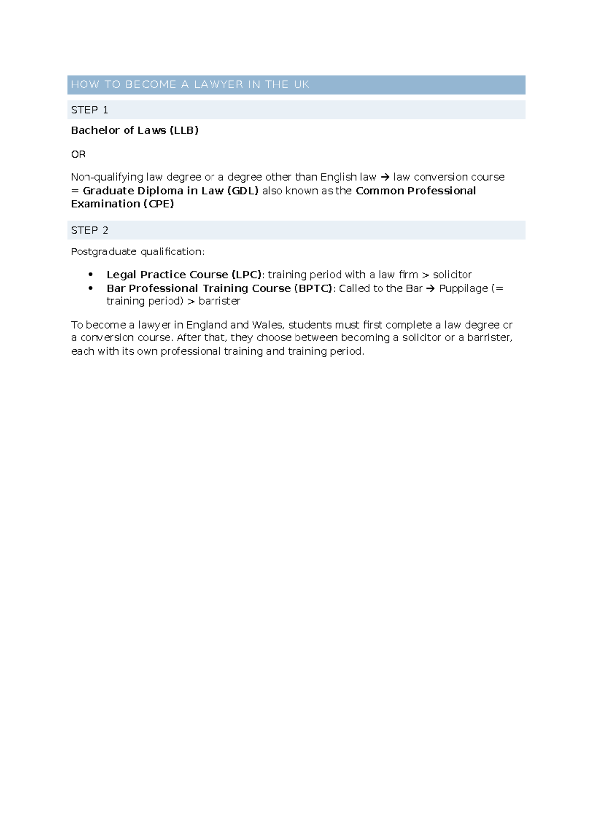 Becoming a Lawyer in the UK: Steps to LLB, LPC & BPTC - Studocu
