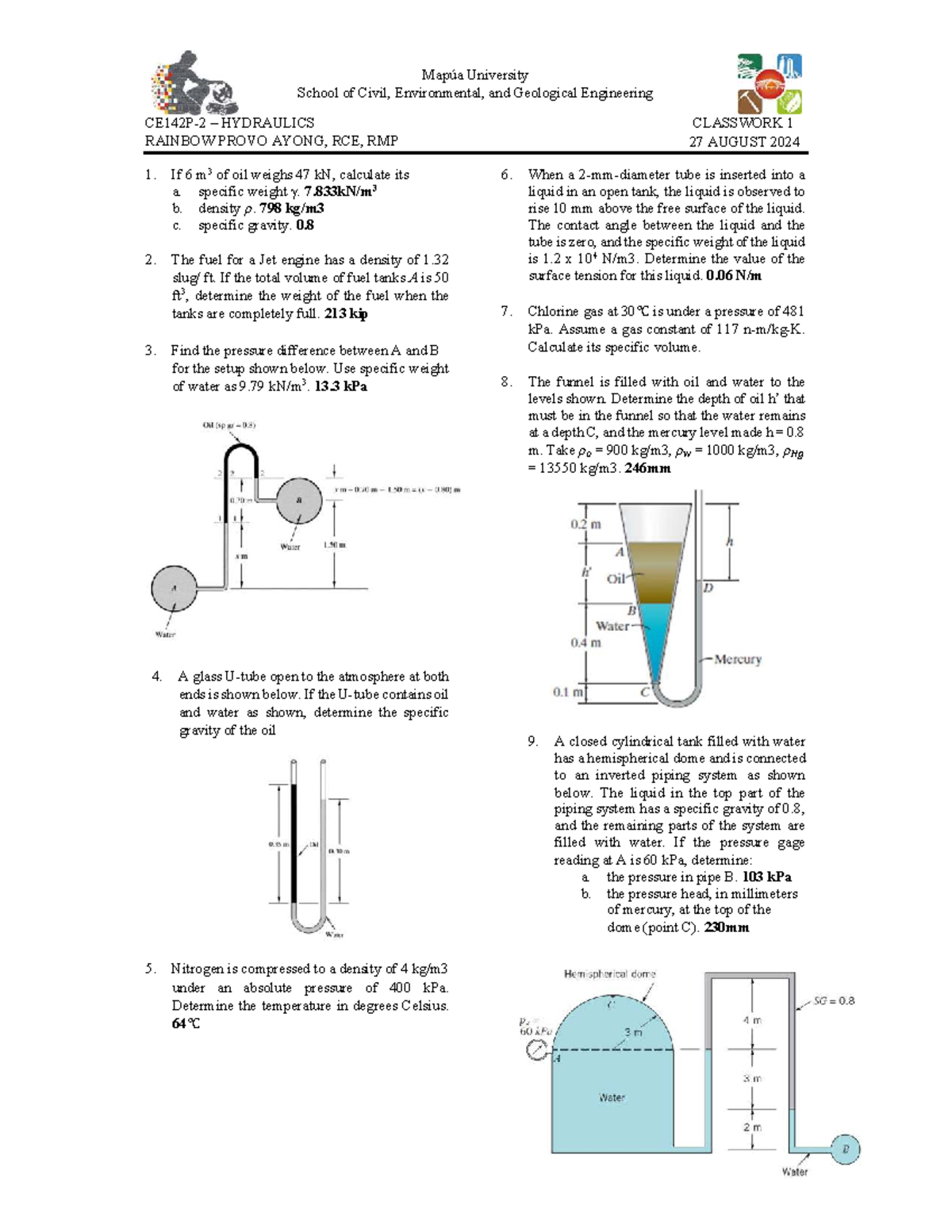 Hydraulics - Classwork 1 (CEGE 101) at Mapúa University - Studocu