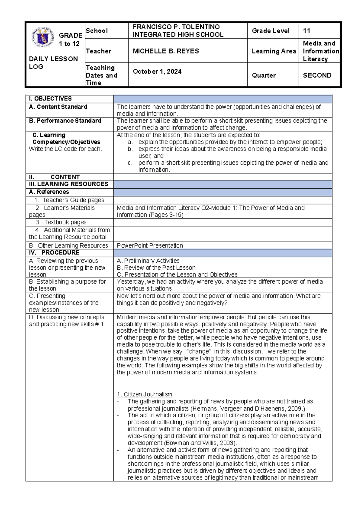 Grade 11 Media & Info Literacy Lesson Plan: The Power of Media - Studocu