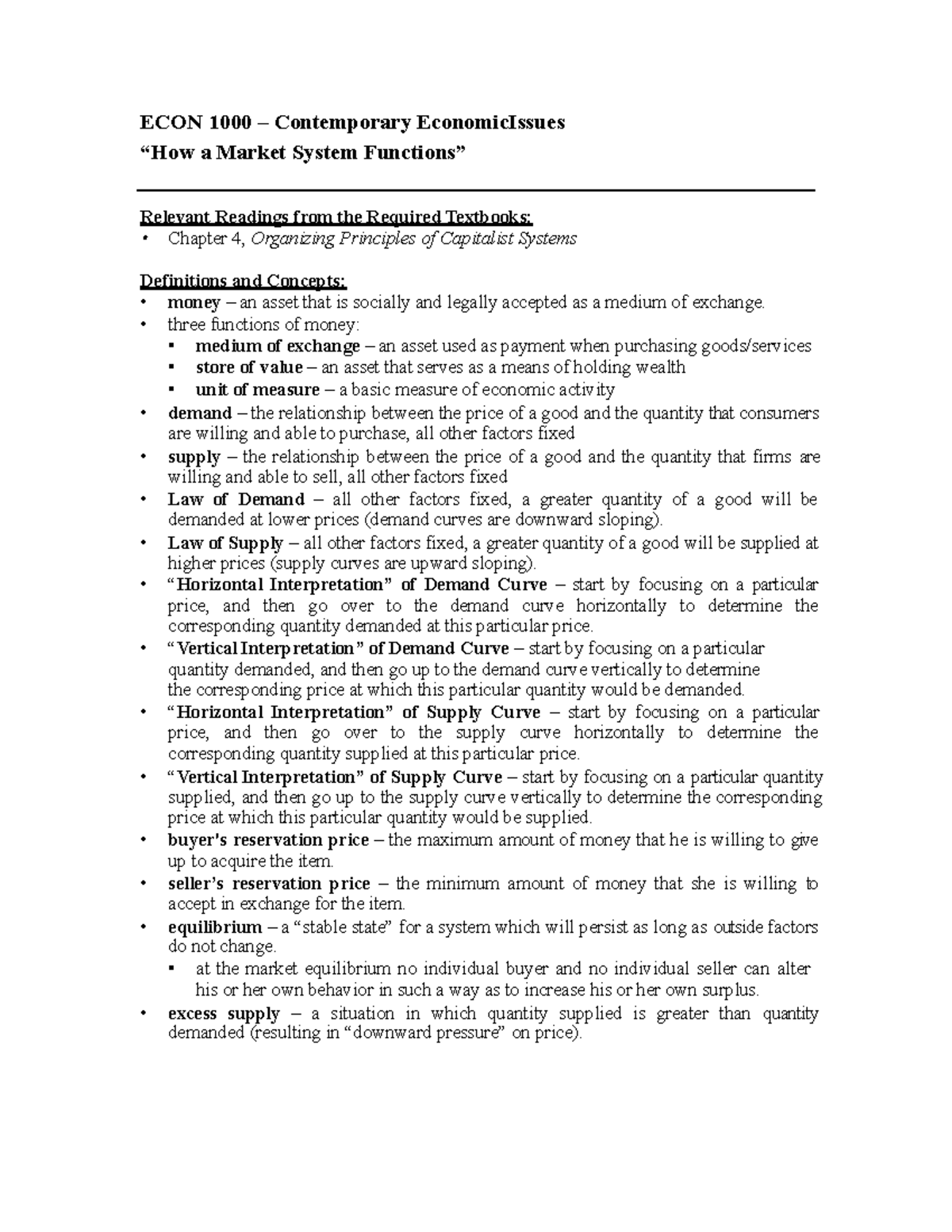 Chapter 4 Study Guide - ECON 1000 – Contemporary EconomicIssues “How a ...