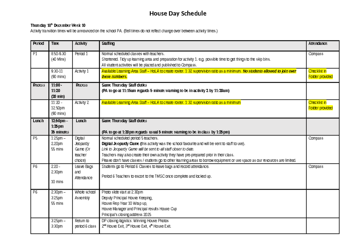 2025 House Day Schedule: Thursday Activities & Timings - Studocu
