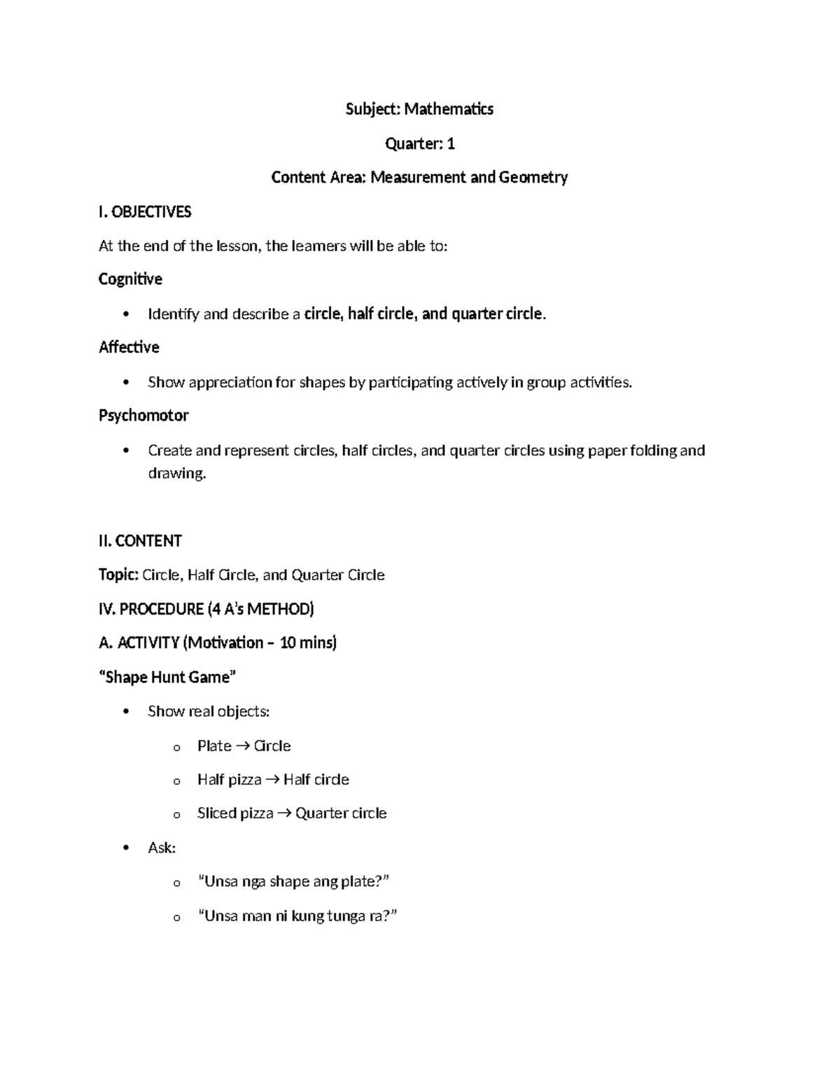 Grade 2 Mathematics: Measurement & Geometry Lesson on Circles - Studocu