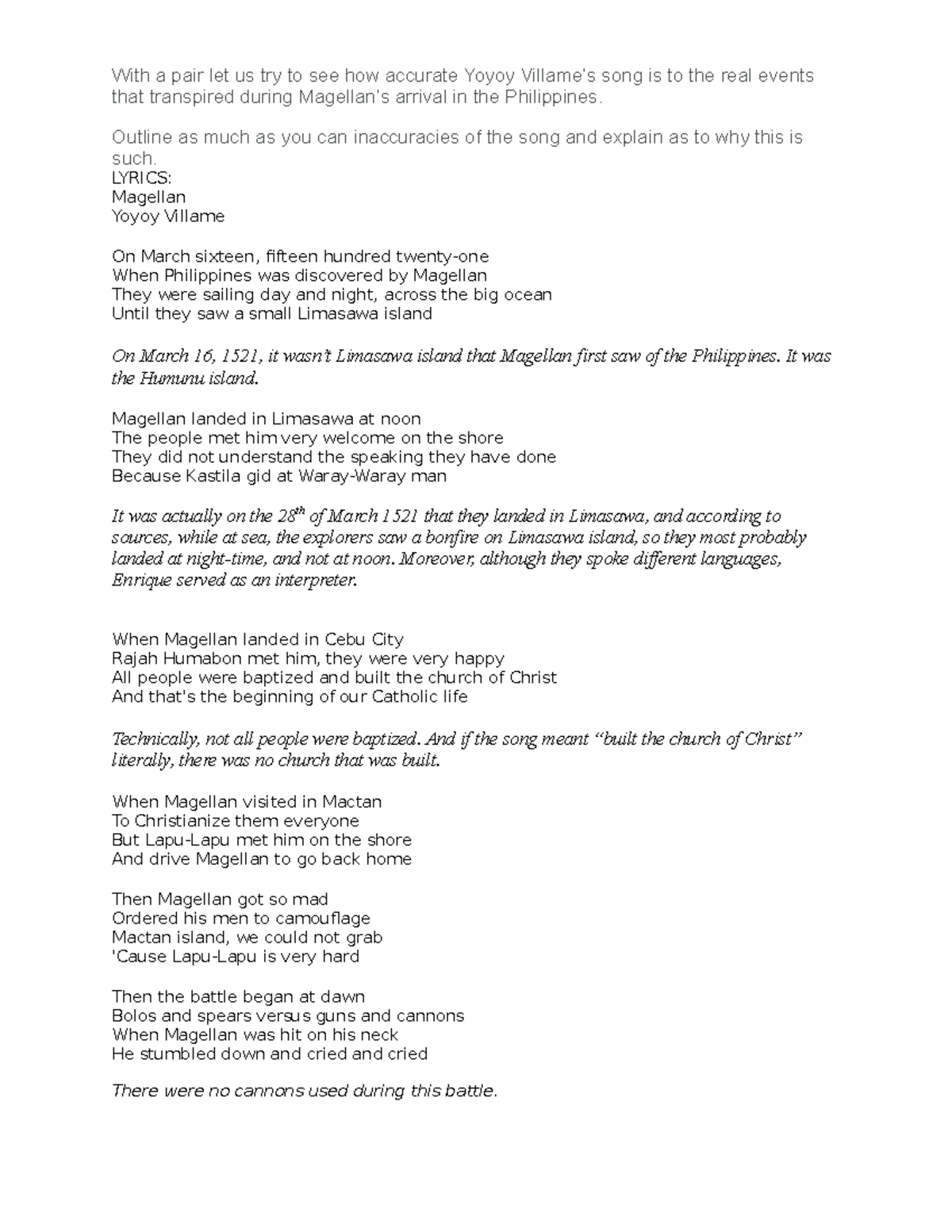 Inaccuracies in Yoyoy Villame's "Magellan" Song: A Critical Analysis ...