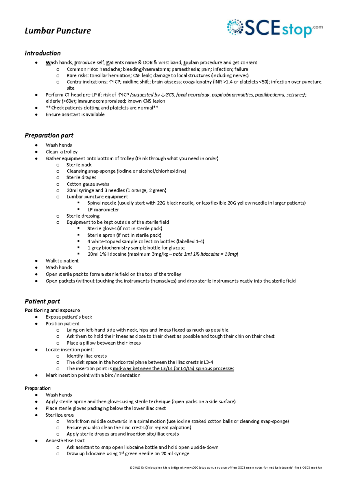Lumbar Puncture Procedure Guide - OSCE Revision Notes - Studocu