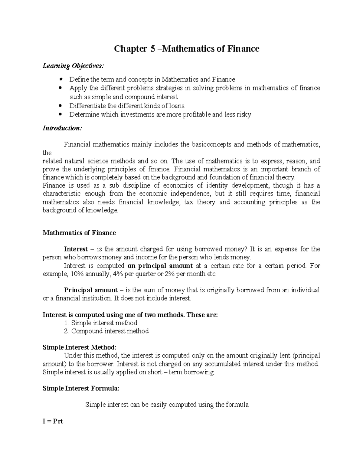 Chapter 5: Finance Learning Objectives and Key Concepts - Studocu