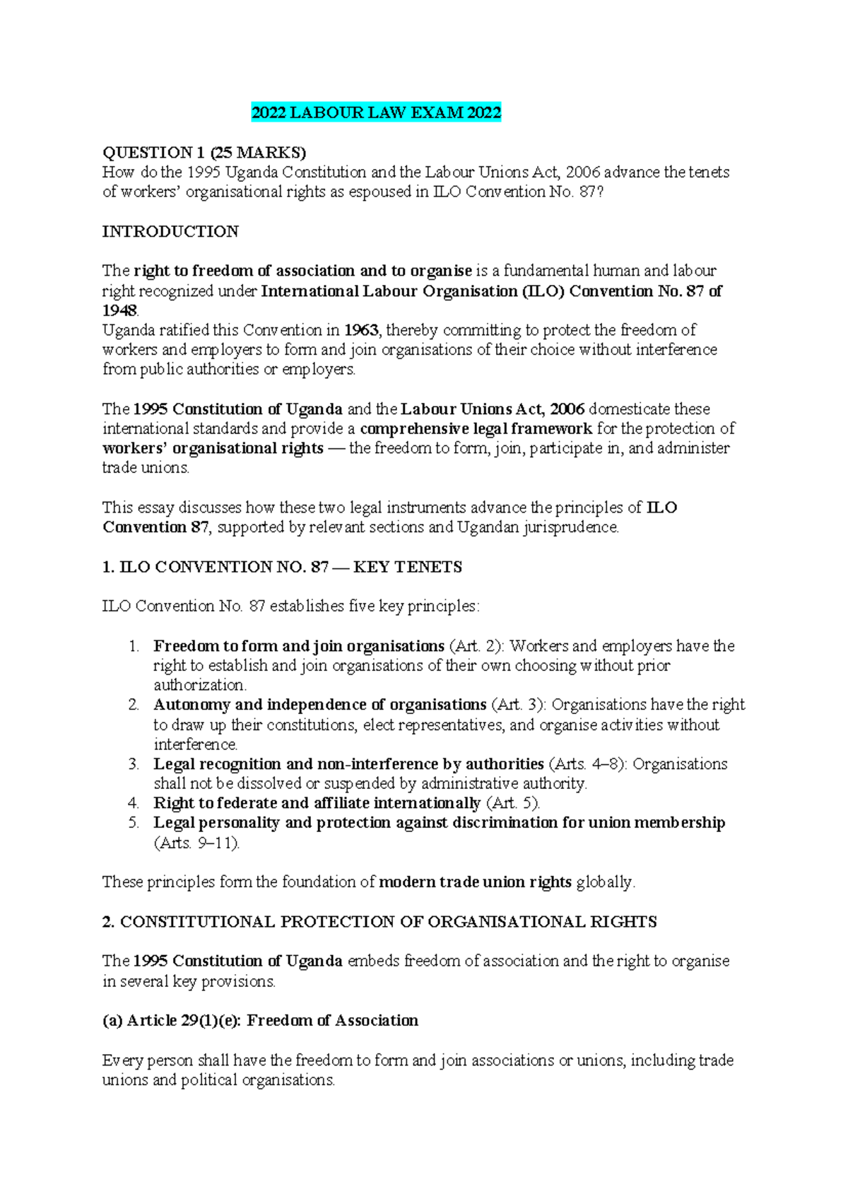 2022 LABOUR LAW EXAM: ORGANISATIONAL RIGHTS & ILO CONVENTION 87 - Studocu