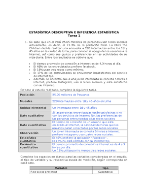 Estadística Descriptiva e Inferencia Estadística Tarea Formativa 2 - Studocu
