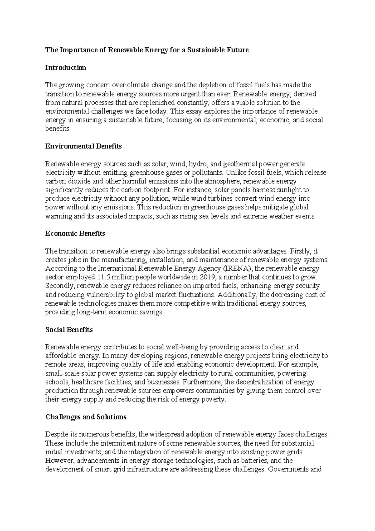 ENG 202: Essay on the Vital Role of Renewable Energy in Sustainability ...