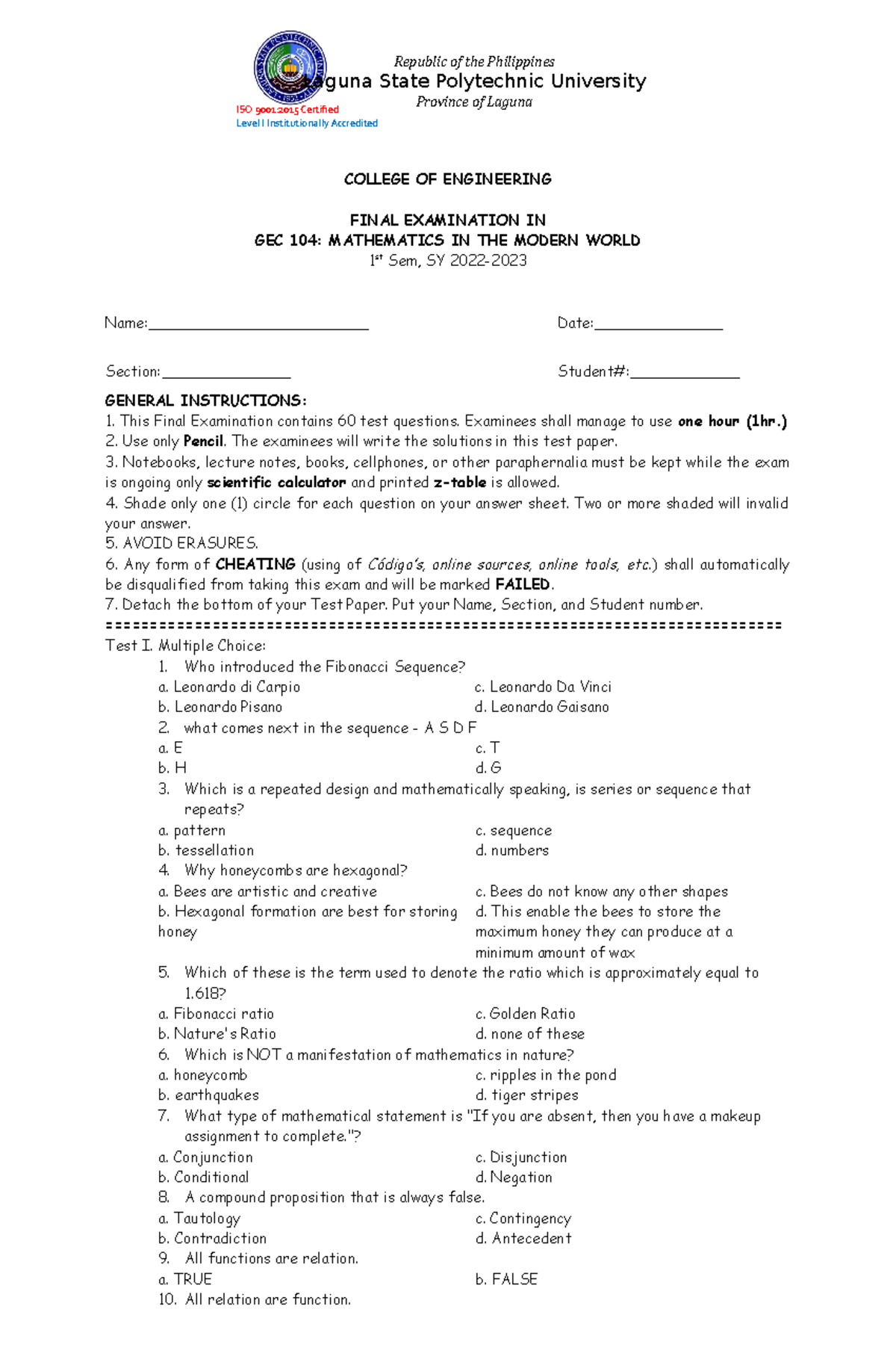 GEC 104 - Final Exam in Mathematics for Modern World - Studocu