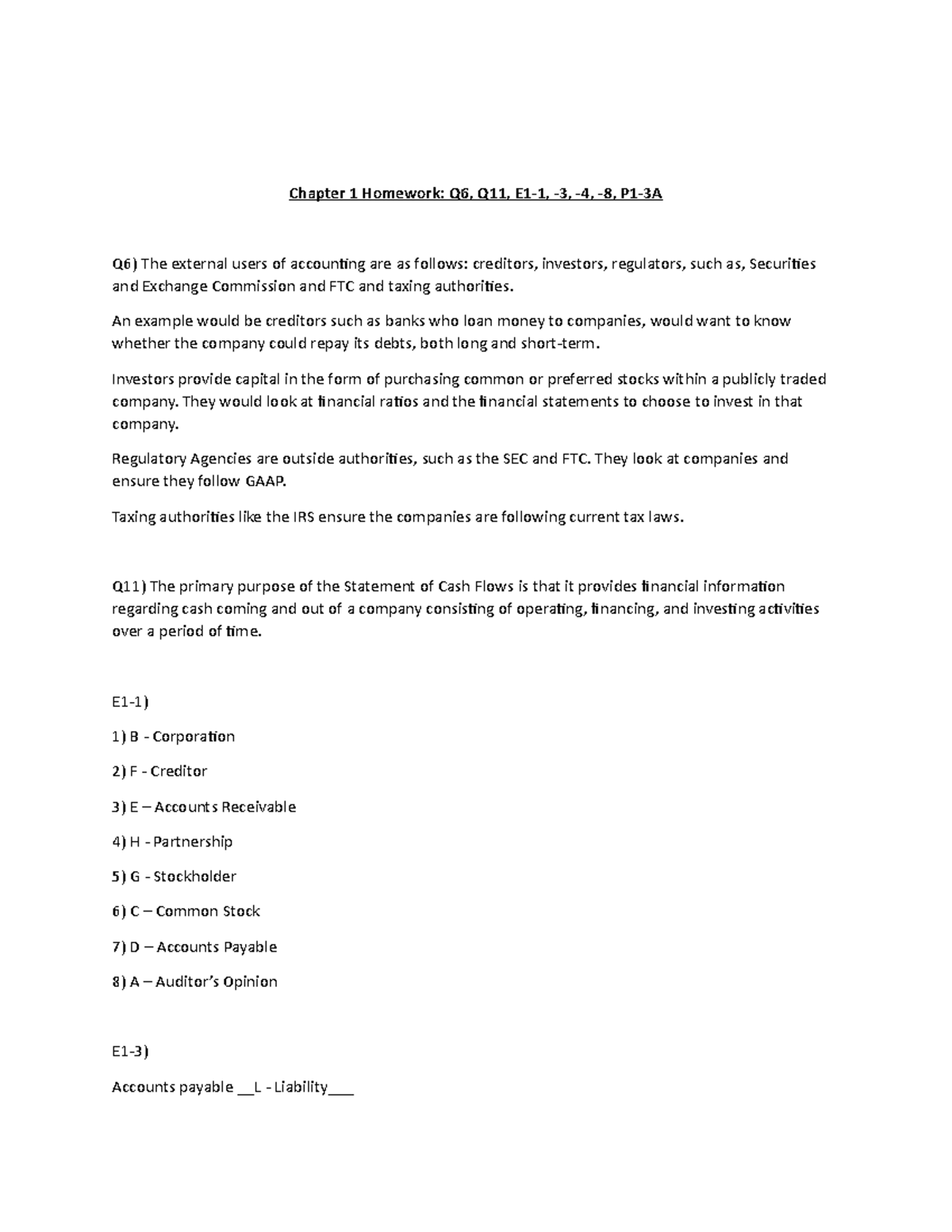 Accounting For Managers Ch1 Homework - Chapter 1 Homework: Q6, Q11, E1 ...