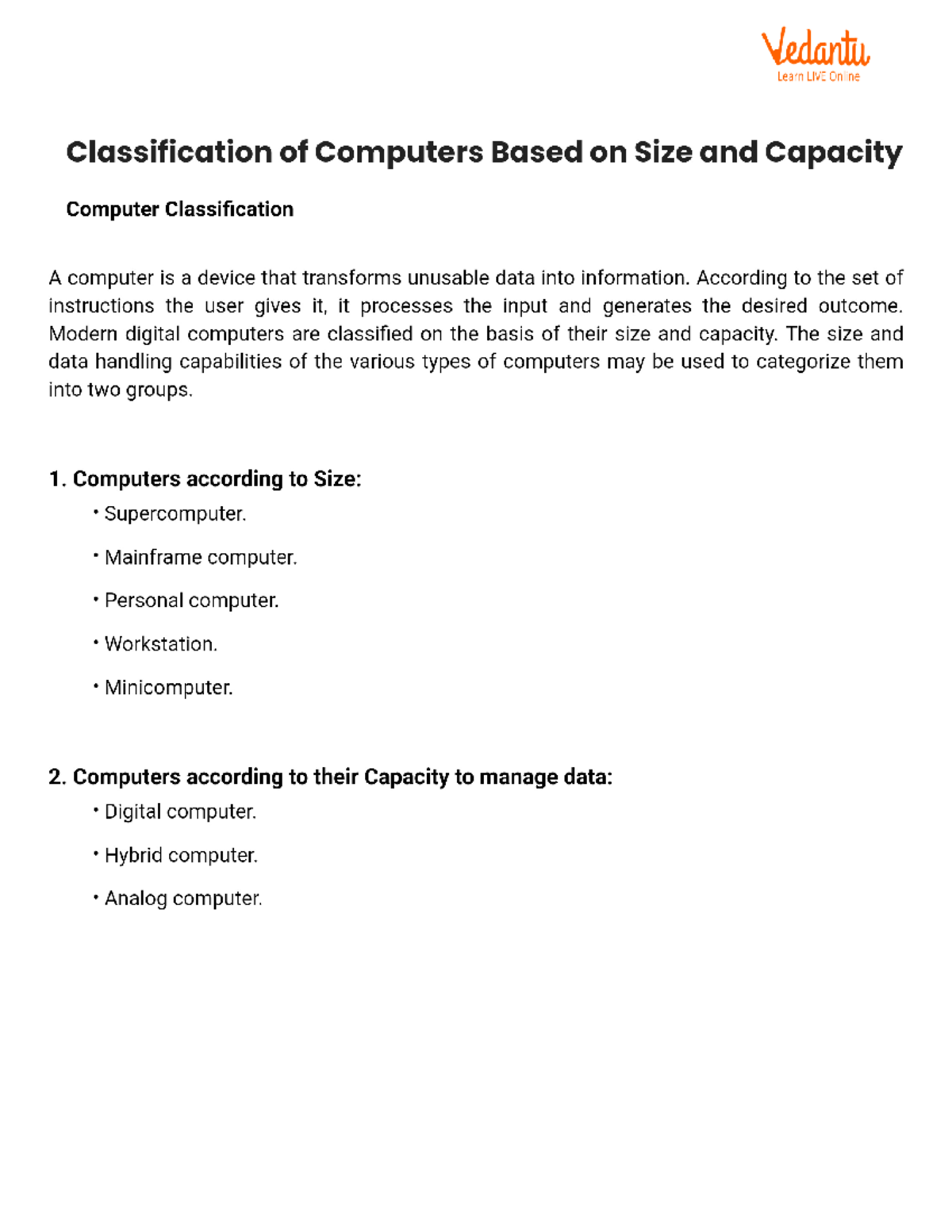 Classification of Computers Based on Size and Capacity - According to ...
