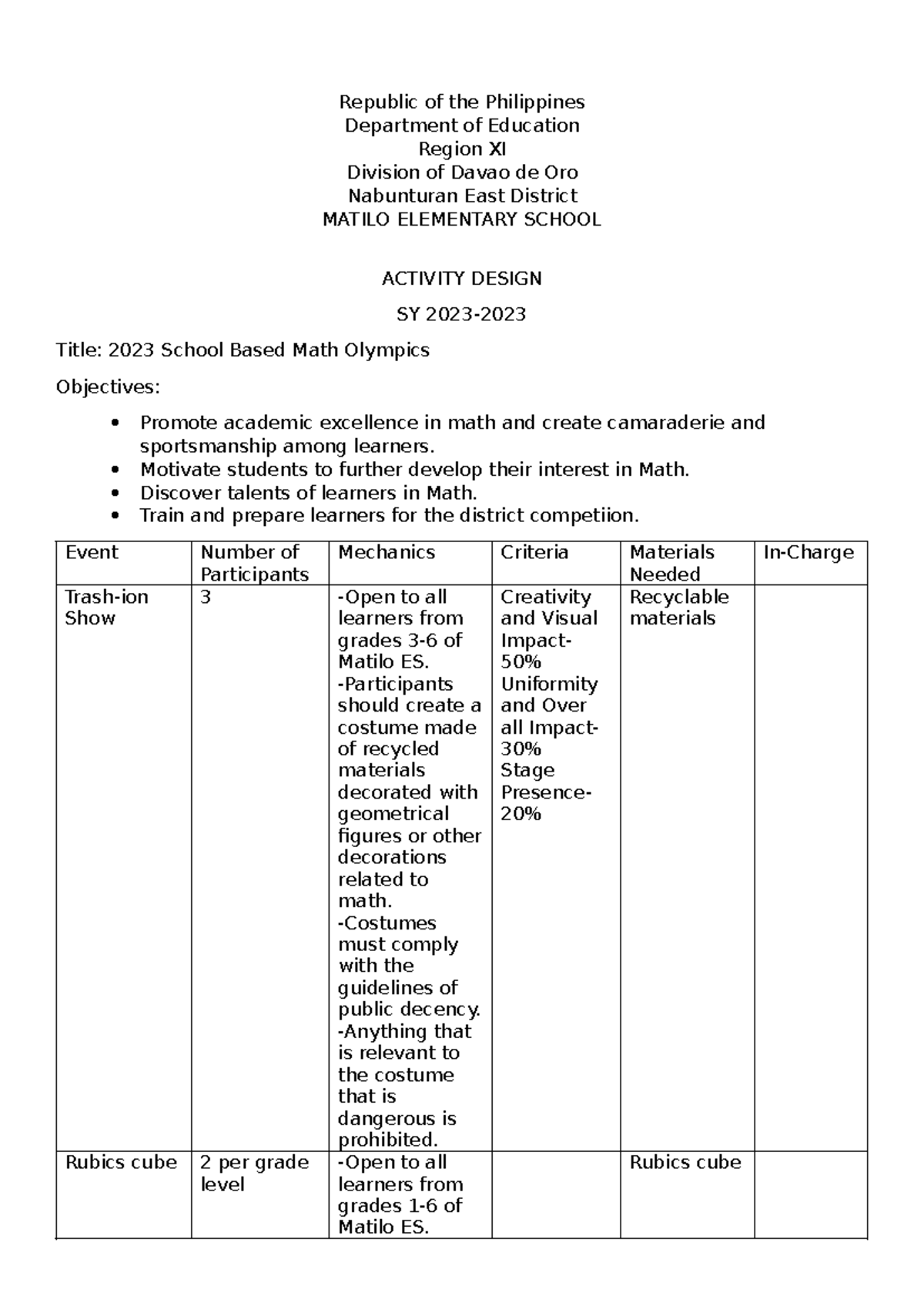 Activity Design for SY 2023: Math Olympics at Matilo ES - Studocu