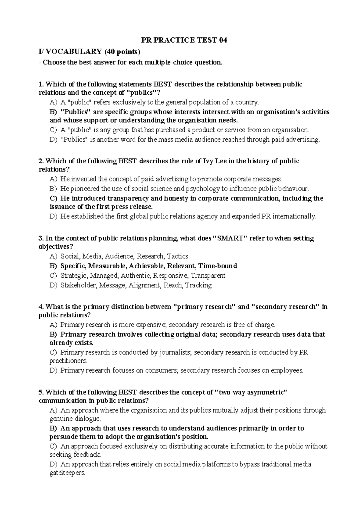 PR PRACTICE TEST 04: Vocabulary and Ethics in Public Relations - Studocu