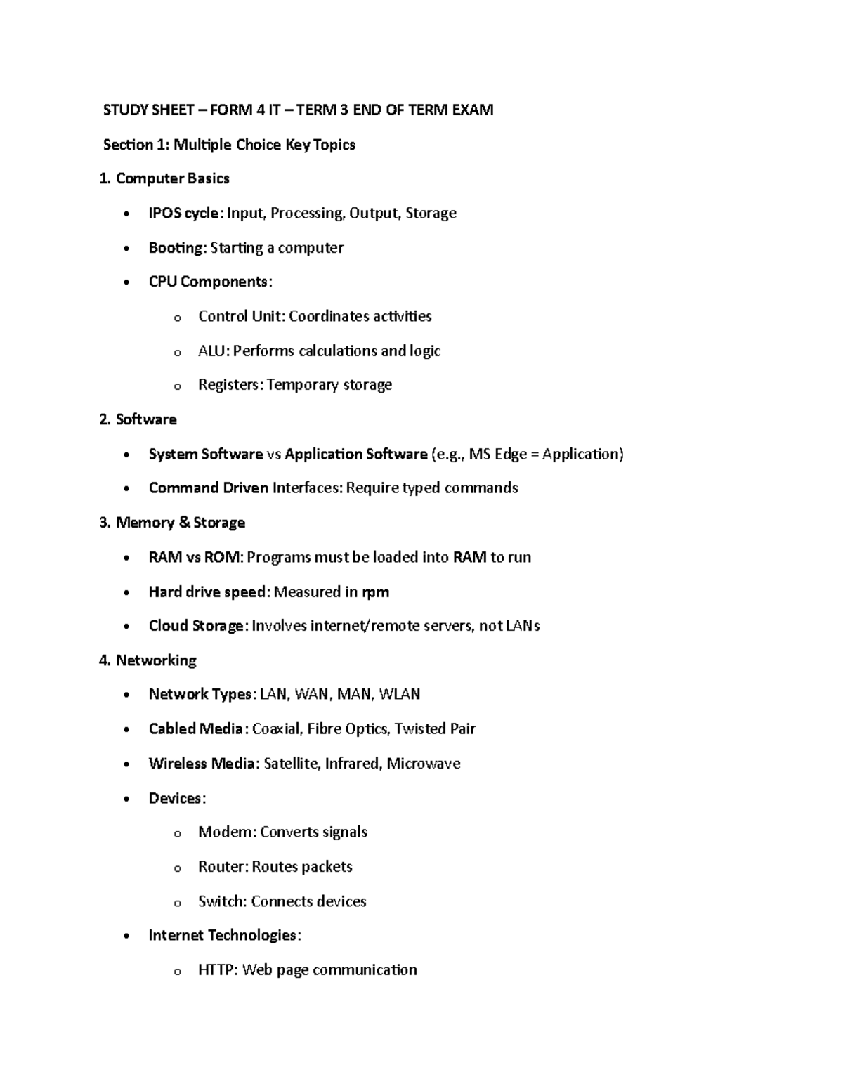 ITF 101 Study Sheet – Term 3 End of Term Exam Review - Studocu