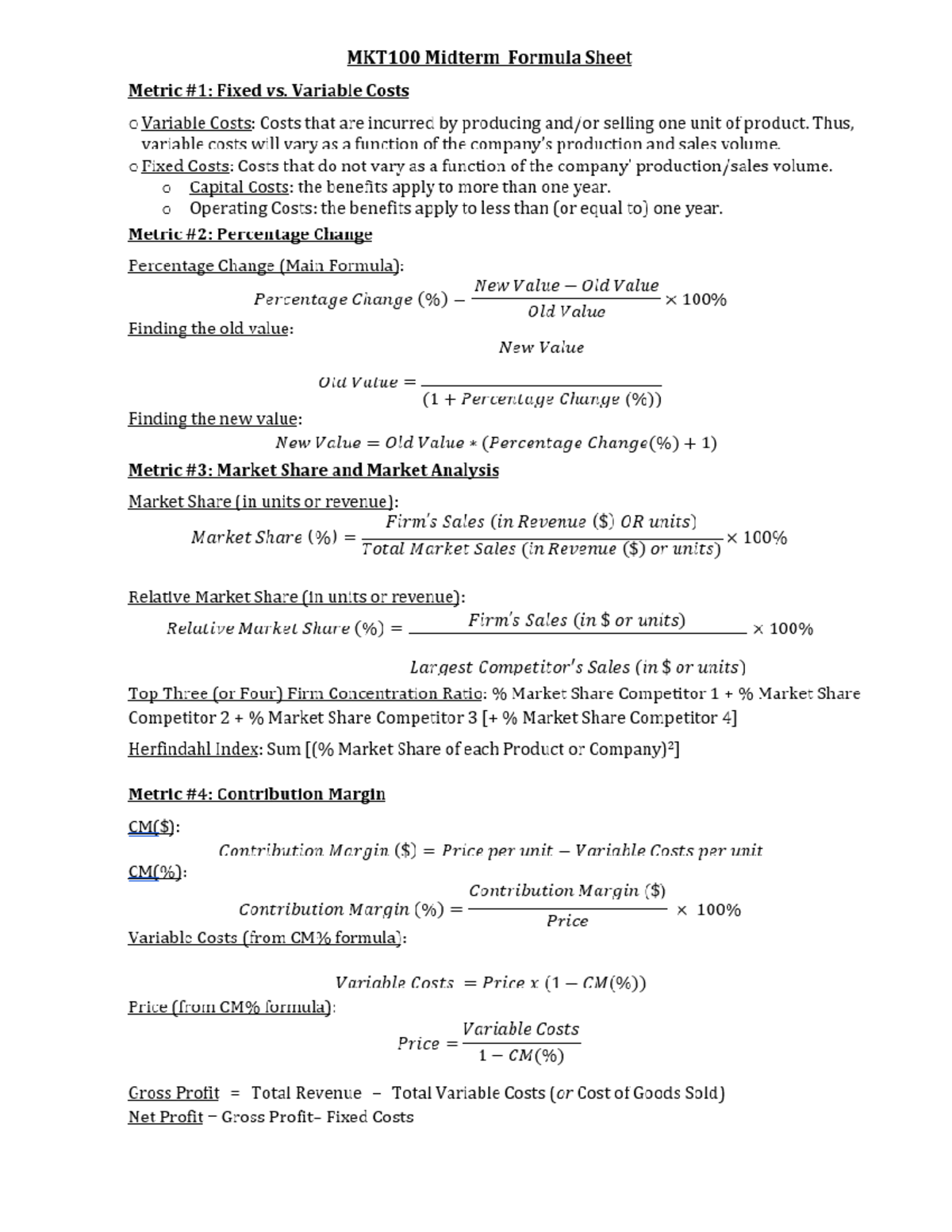 MKT100 Midterm Formula Sheet: Fixed vs. Variable Costs - Studocu