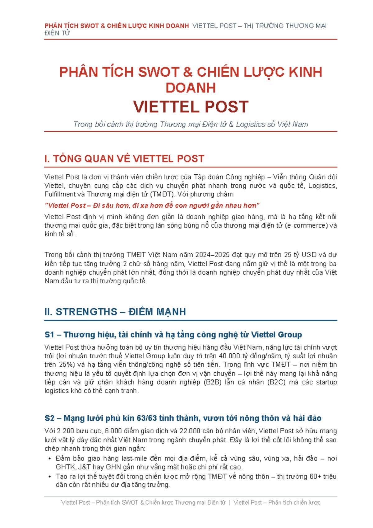 PHÂN TÍCH SWOT CHIẾN LƯỢC KINH DOANH VIETTEL POST TMDT - Studocu