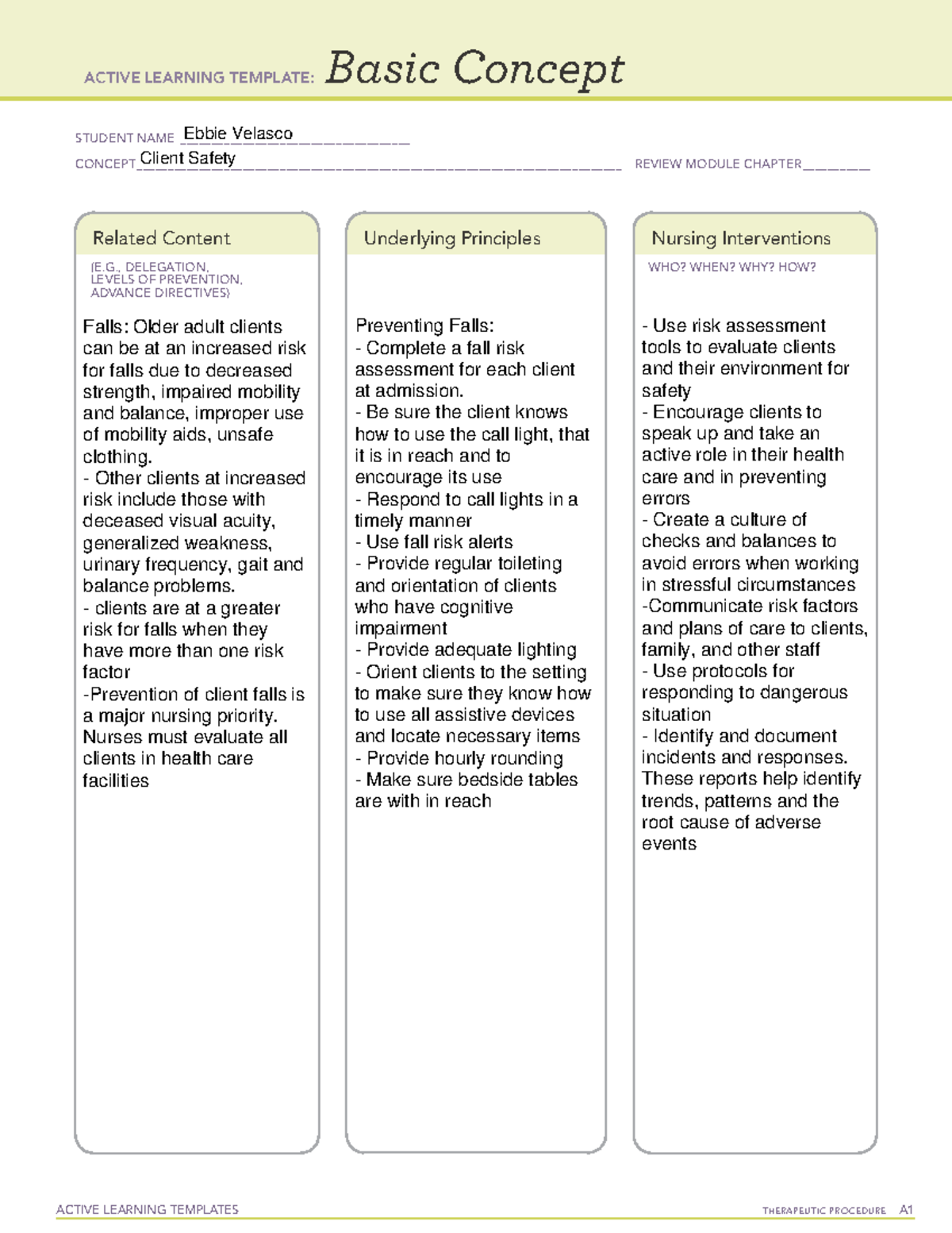 Basic Concept B: ATI Learning Templates for Client Safety & Fall ...