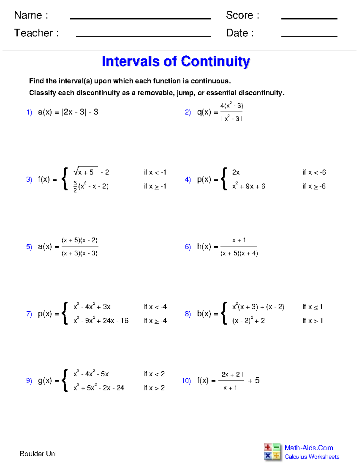 Calculus Worksheets: Intervals of Continuity Analysis - Studocu