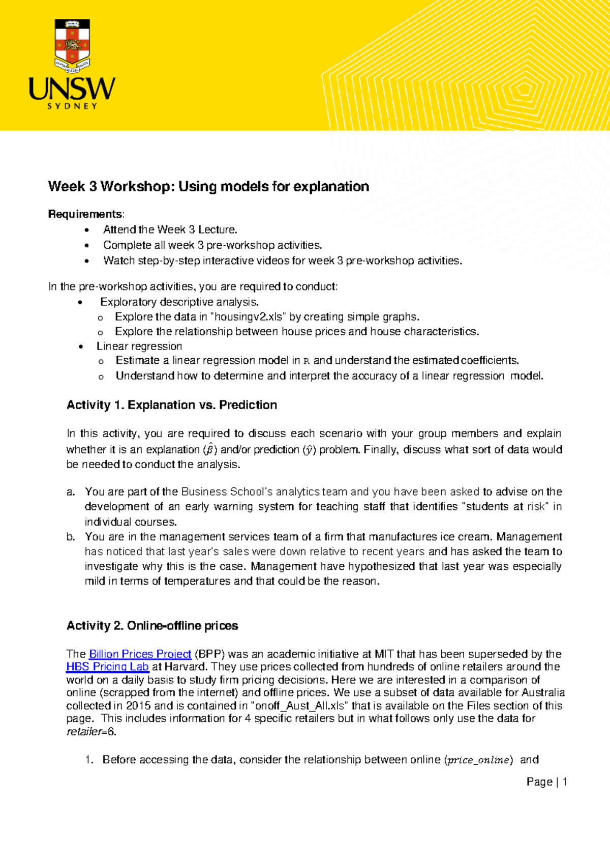 WEEK 3 Workshop Activities: Data Analysis & Linear Regression Techniques - Studocu