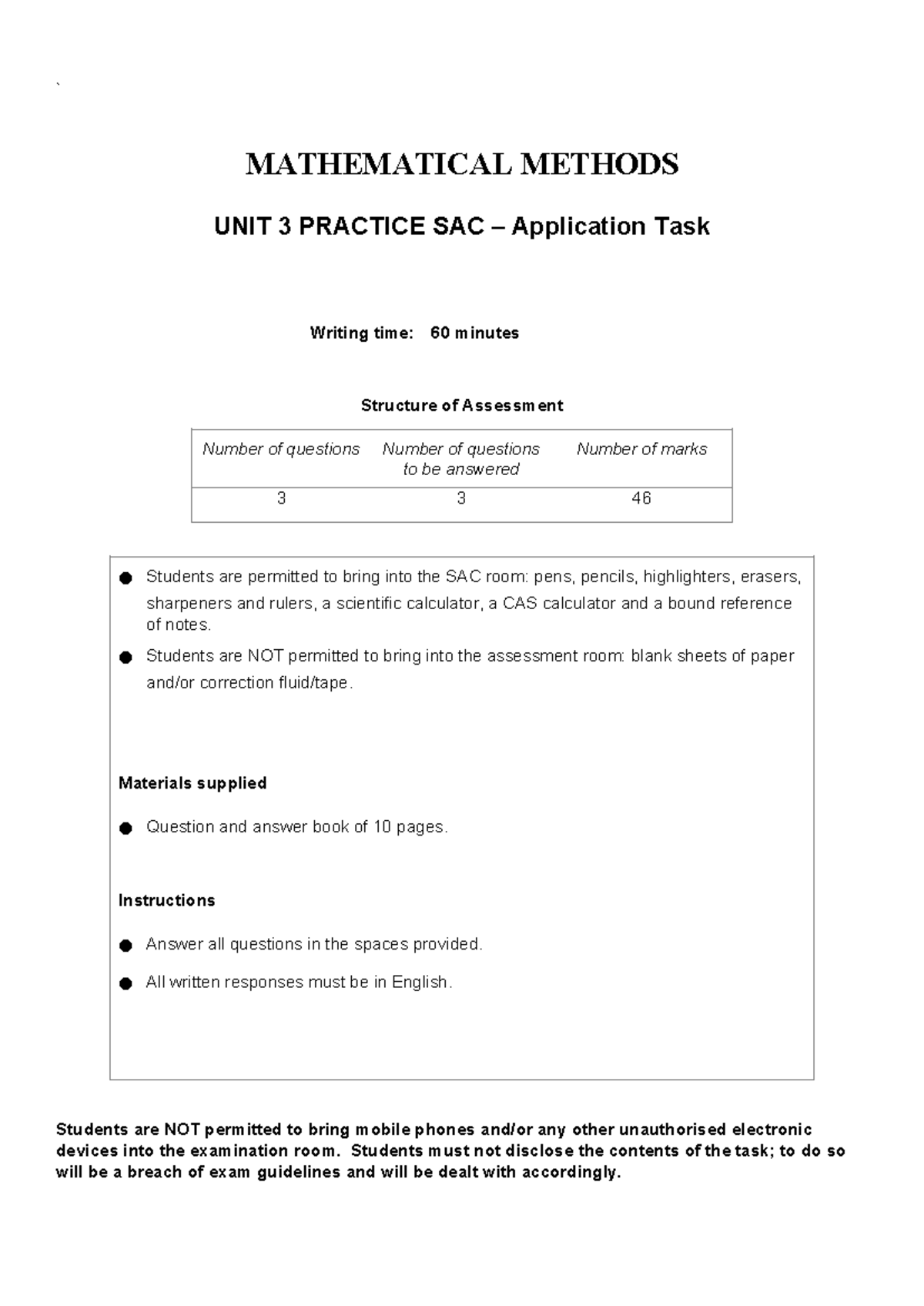 MATHEMATICAL METHODS UNIT 3 PRACTICE SAC: Application Task Guide - Studocu
