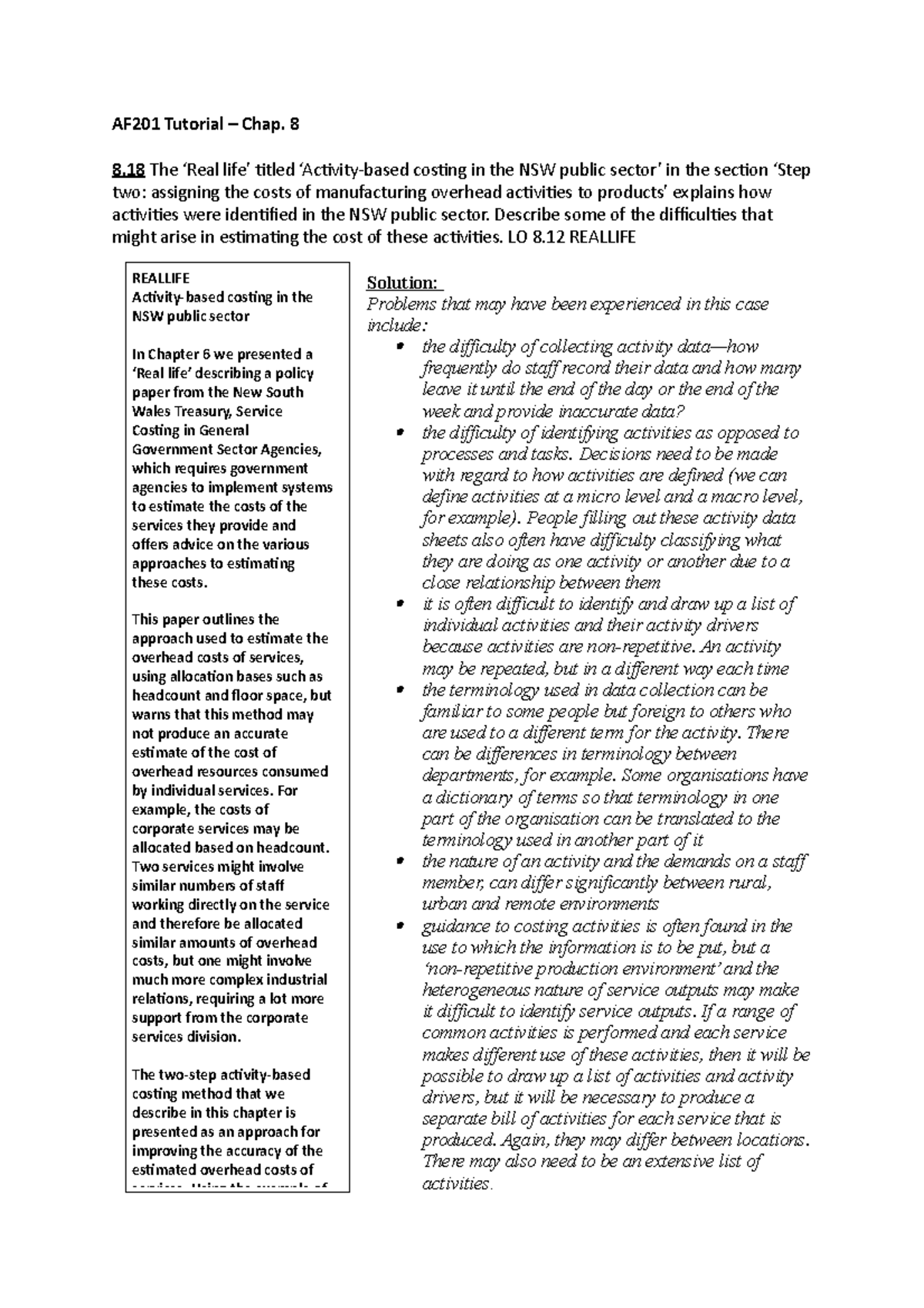AF201 Tutorial - Chapter 8: Real-Life Activity-Based Costing Issues ...