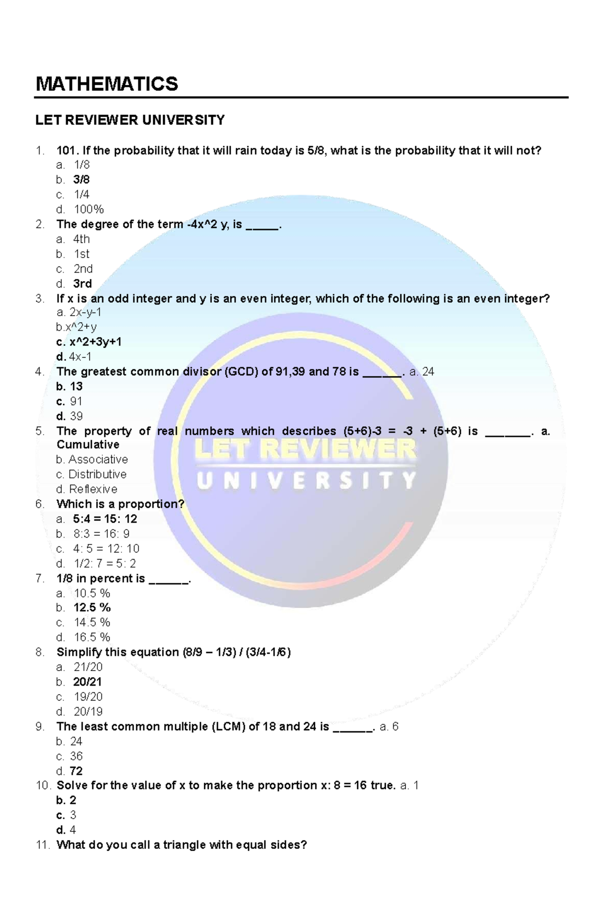 MATHEMATICS LET REVIEWER UNIVERSITY 1.101 - 105 Items - Studocu