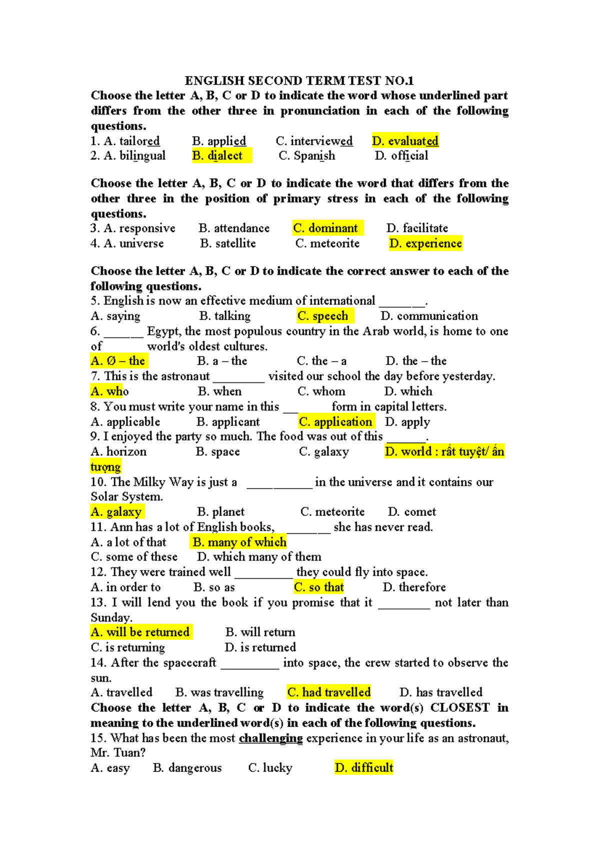 ENGLISH SECOND TERM TEST NO.1: Pronunciation and Vocabulary Challenges ...