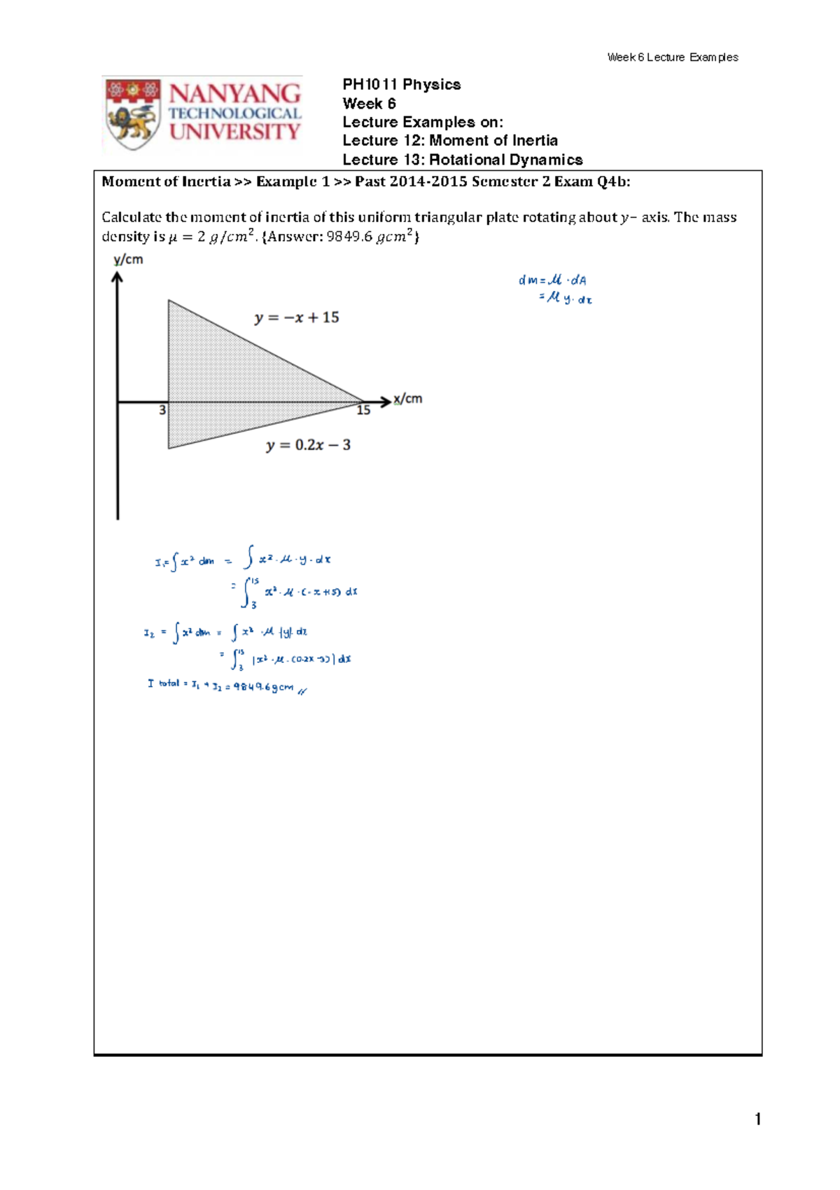 PH1011 Week 6 Lecture Examples: Moment of Inertia & Rotational Dynamics ...
