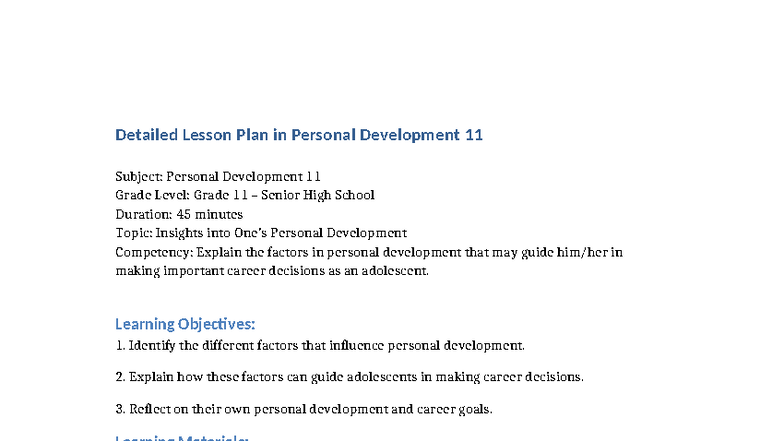 Per Dev 11: 7Es Detailed Lesson Plan on Personal Development - Studocu