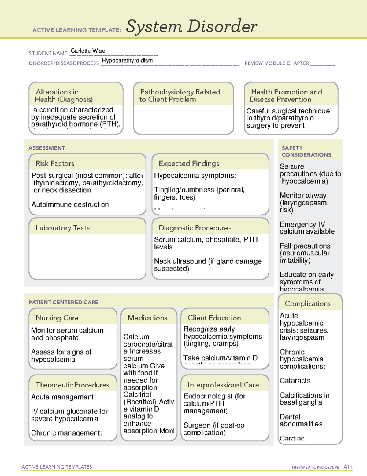 Hypoparathyroidism Active Learning Template: System Disorder (NUR 101 ...