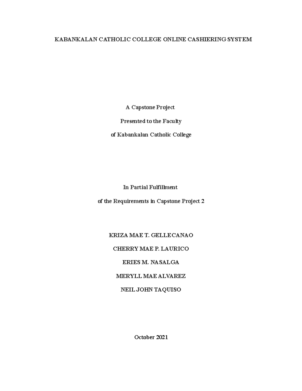 Kabankalan Catholic College Capstone Project: Online Cashiering System ...