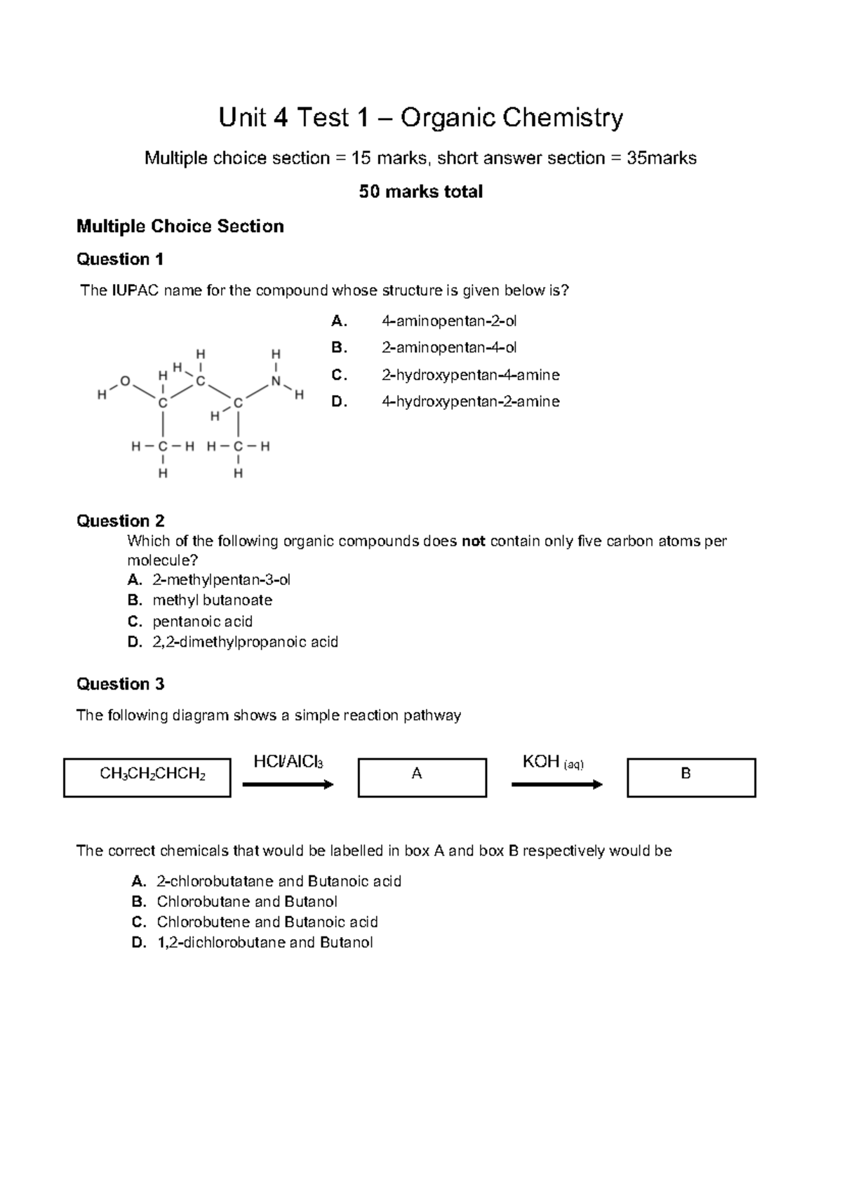 Year 12 Chemistry – Unit 4 Test 1: Organic Chemistry MCQ & Short ...