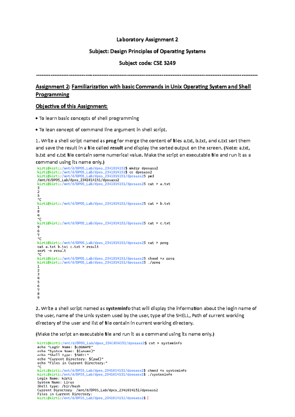 CSE 3249 Lab Assignment 2: Unix Shell Programming Tasks - Studocu