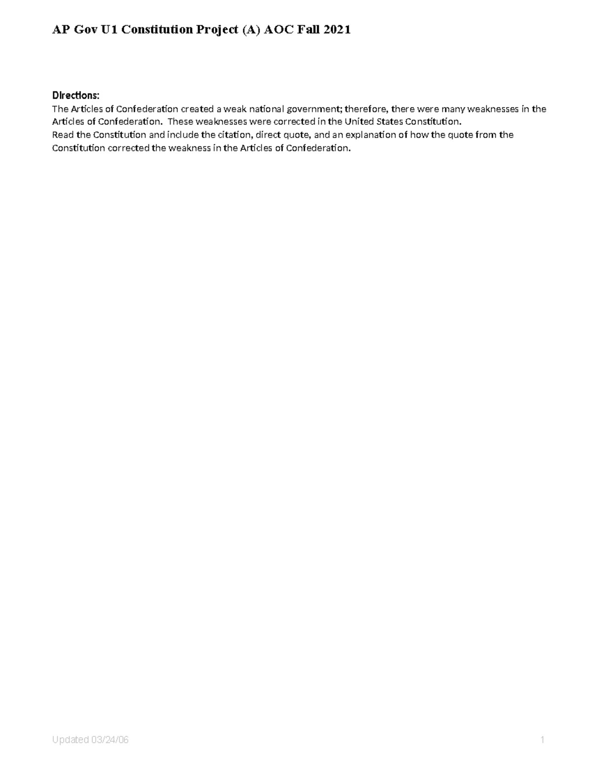AP Gov U1 Constitution Project (A) AOC Weaknesses & Corrections - Studocu
